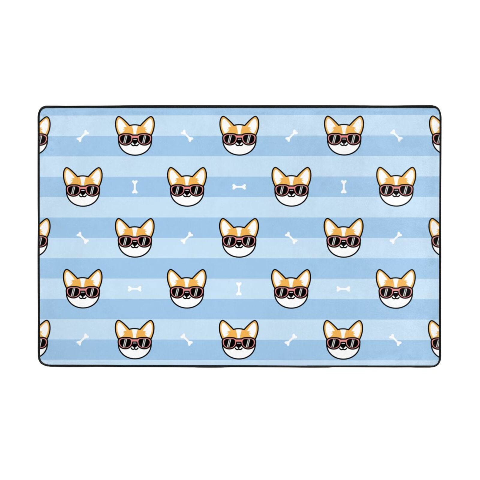 Area Rugs For Living Room Decor - Blue Striped Cute Glasses Corgi Anti ...