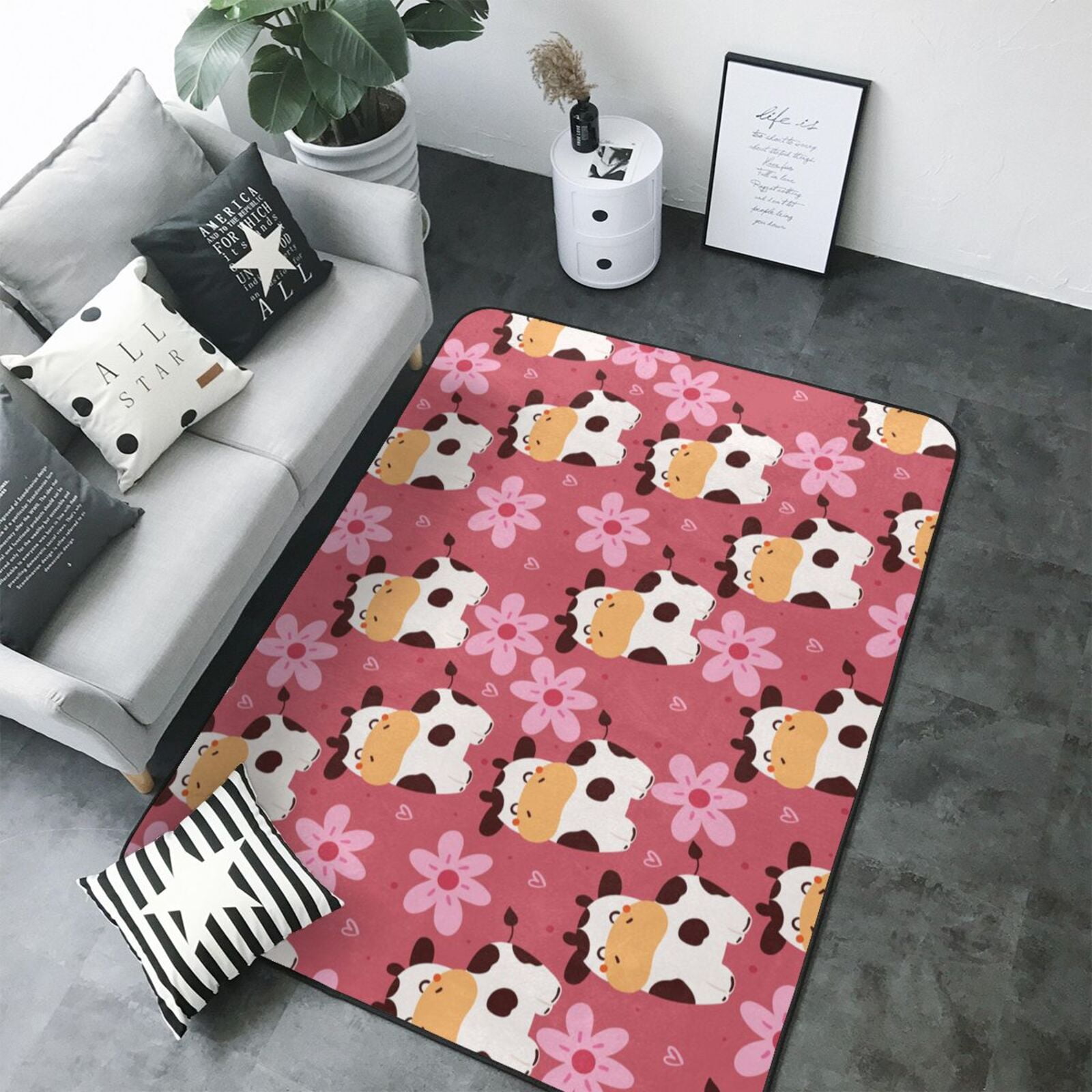 Area Rugs For Living Room Decor - Classic Cute Smiling Cow Flower Anti ...