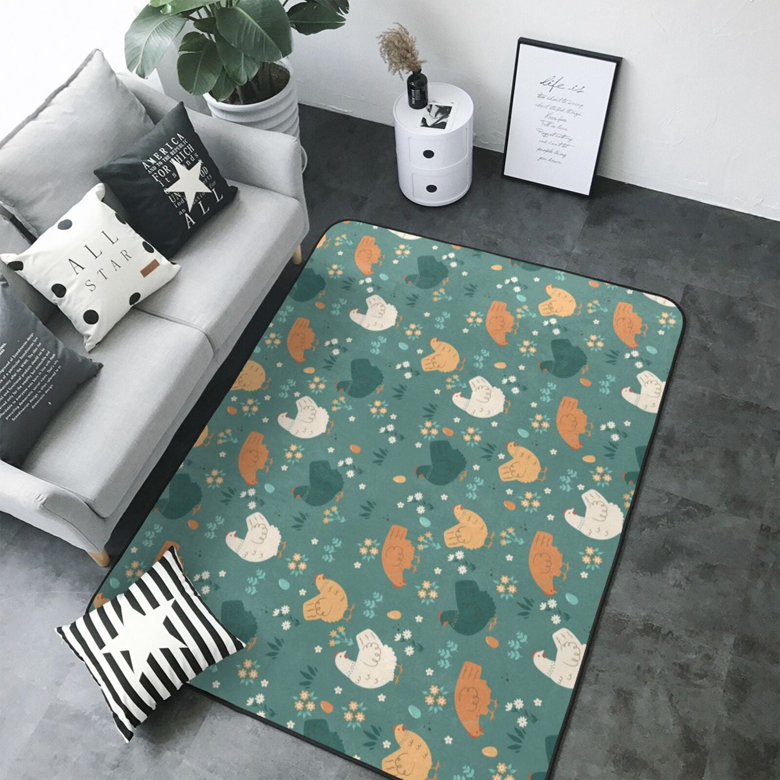 Area Rugs For Living Room Decor - Cute Chicken Meadow Flowers Green ...