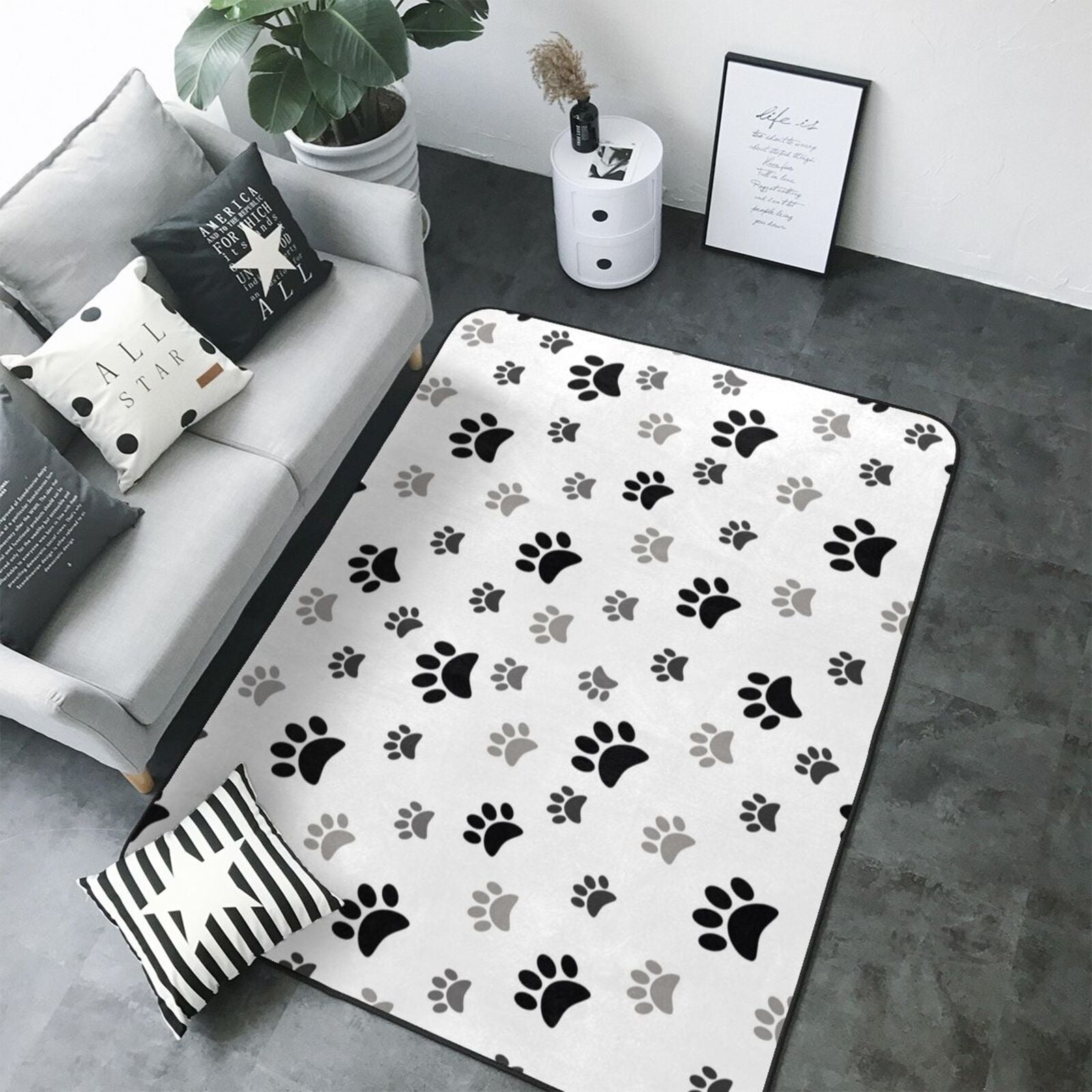 Area Rugs For Living Room Decor - Cute paw prints black grey Soft Anti ...