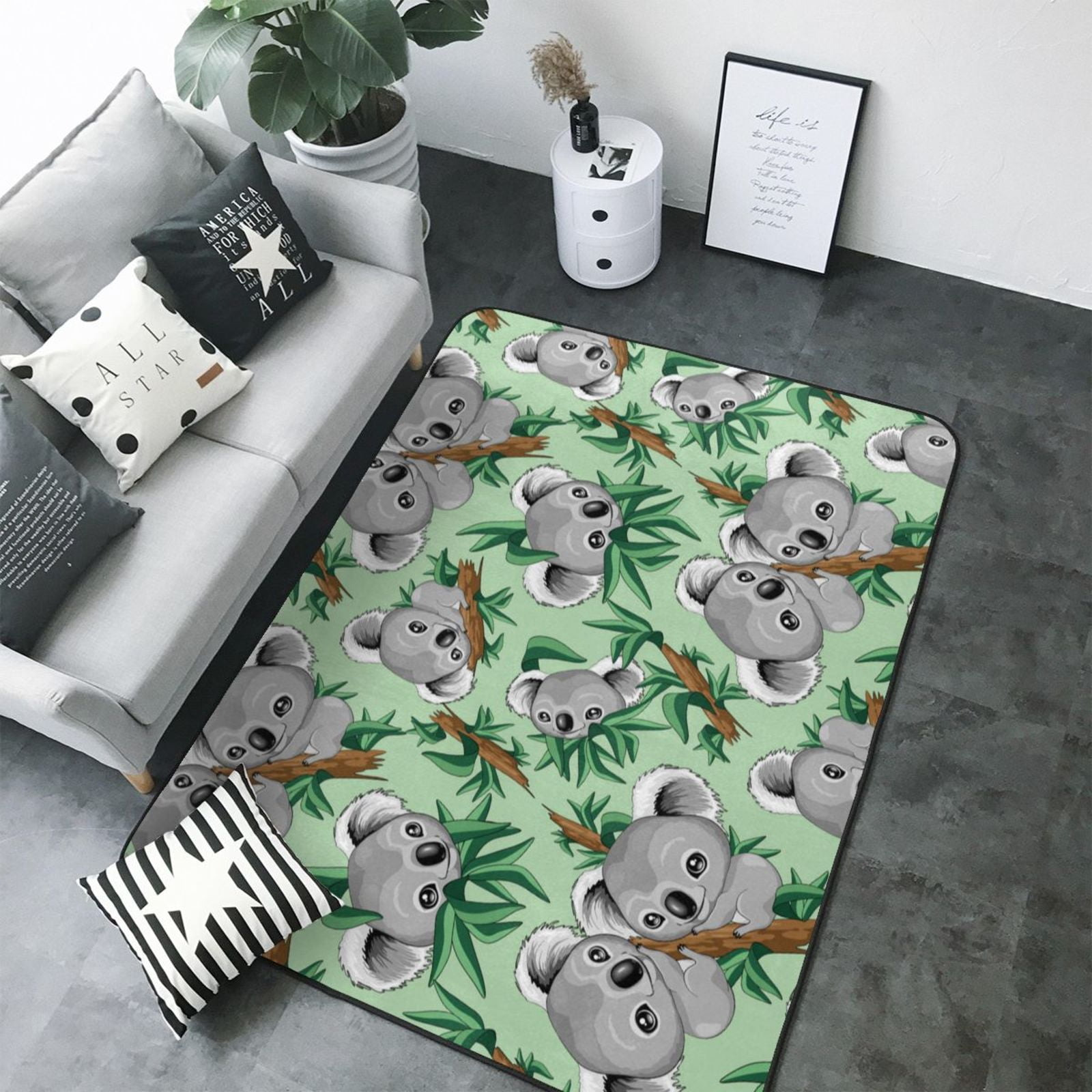 Area Rugs For Living Room Decor - Green Gray Koala Print Soft Anti Slip ...