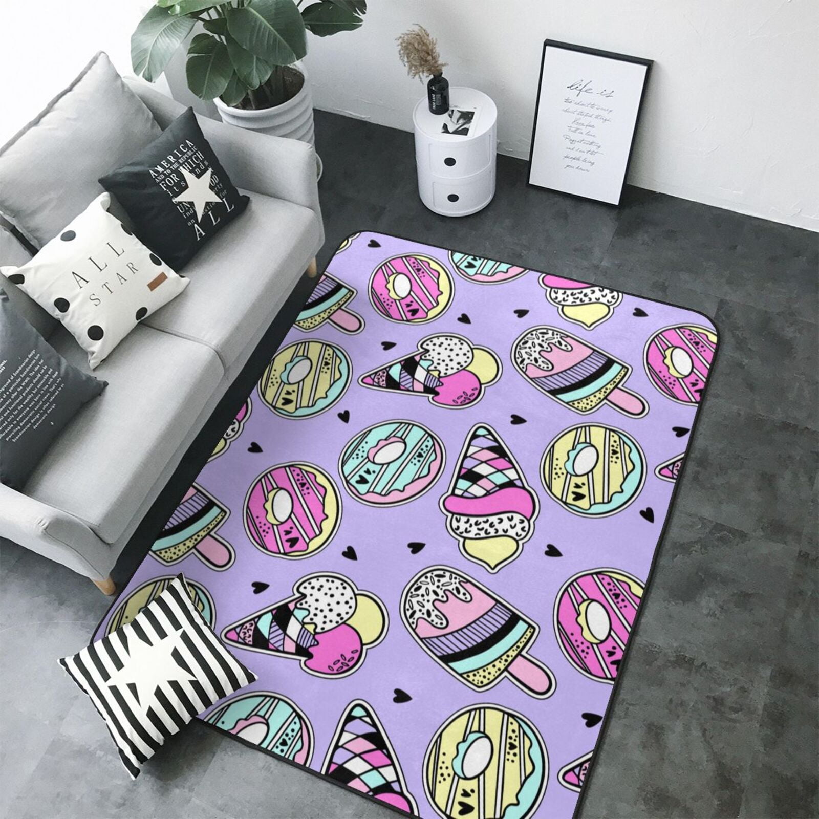 Area Rugs For Living Room Decor - Ice Cream Cartoon Print Anti Slip Throw Washable Rugs 5x7 For ...