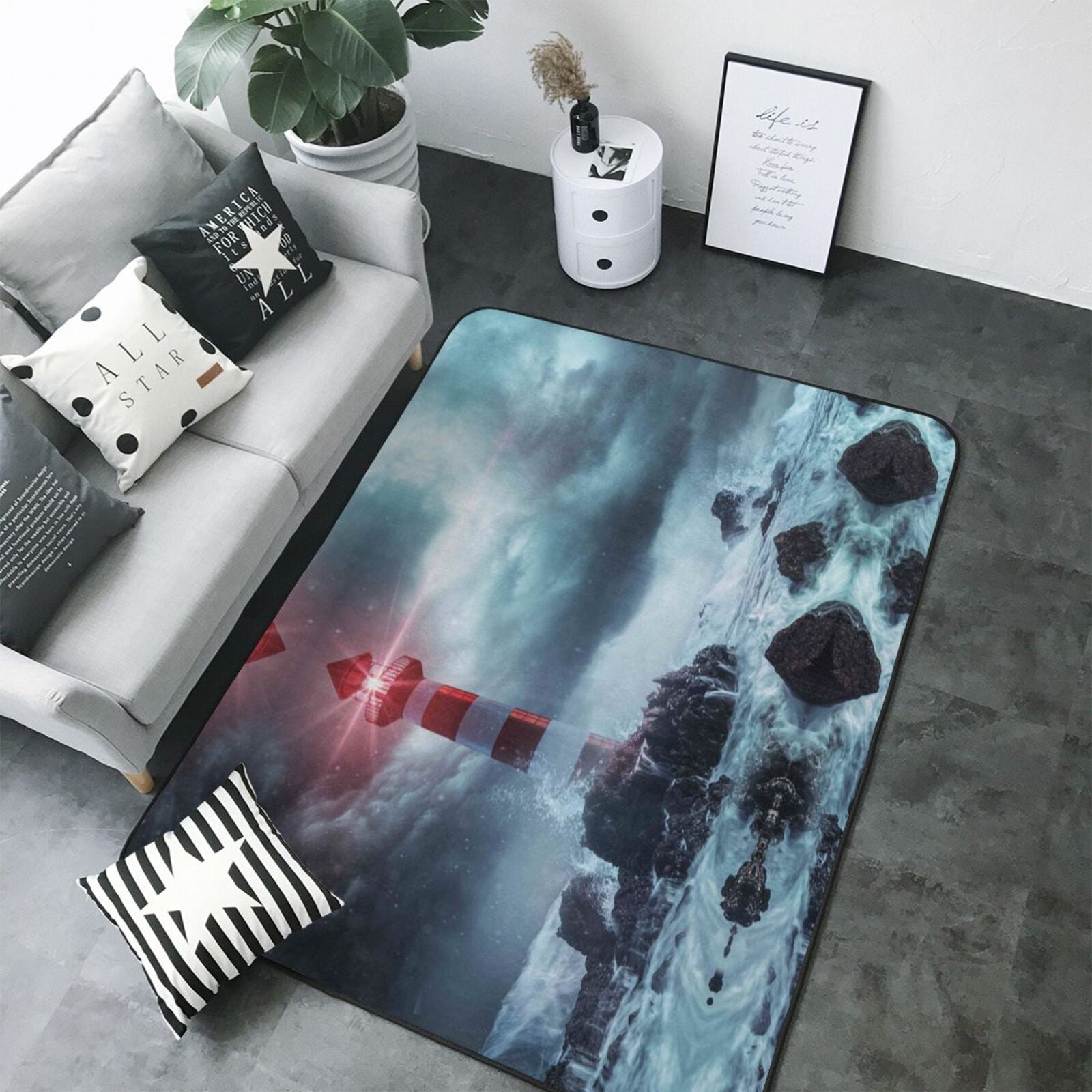 Area Rugs For Living Room Decor - Lighthouse in a Stormy Sea Anti Slip ...
