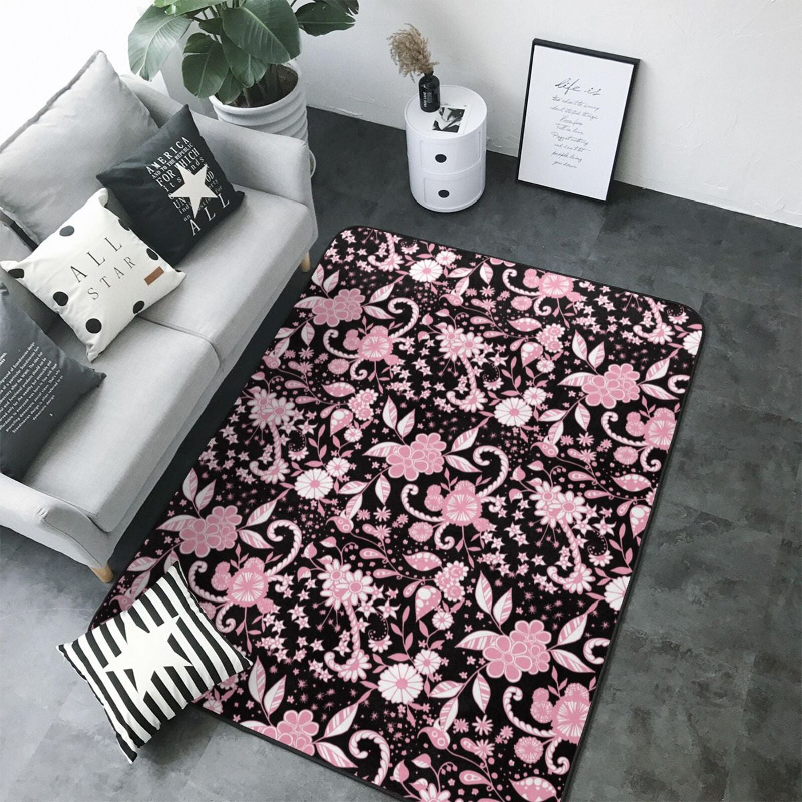 Area Rugs For Living Room Decor - Pink Leaves Daisies Flowers Anti Slip Throw Washable Rugs 5x7 ...