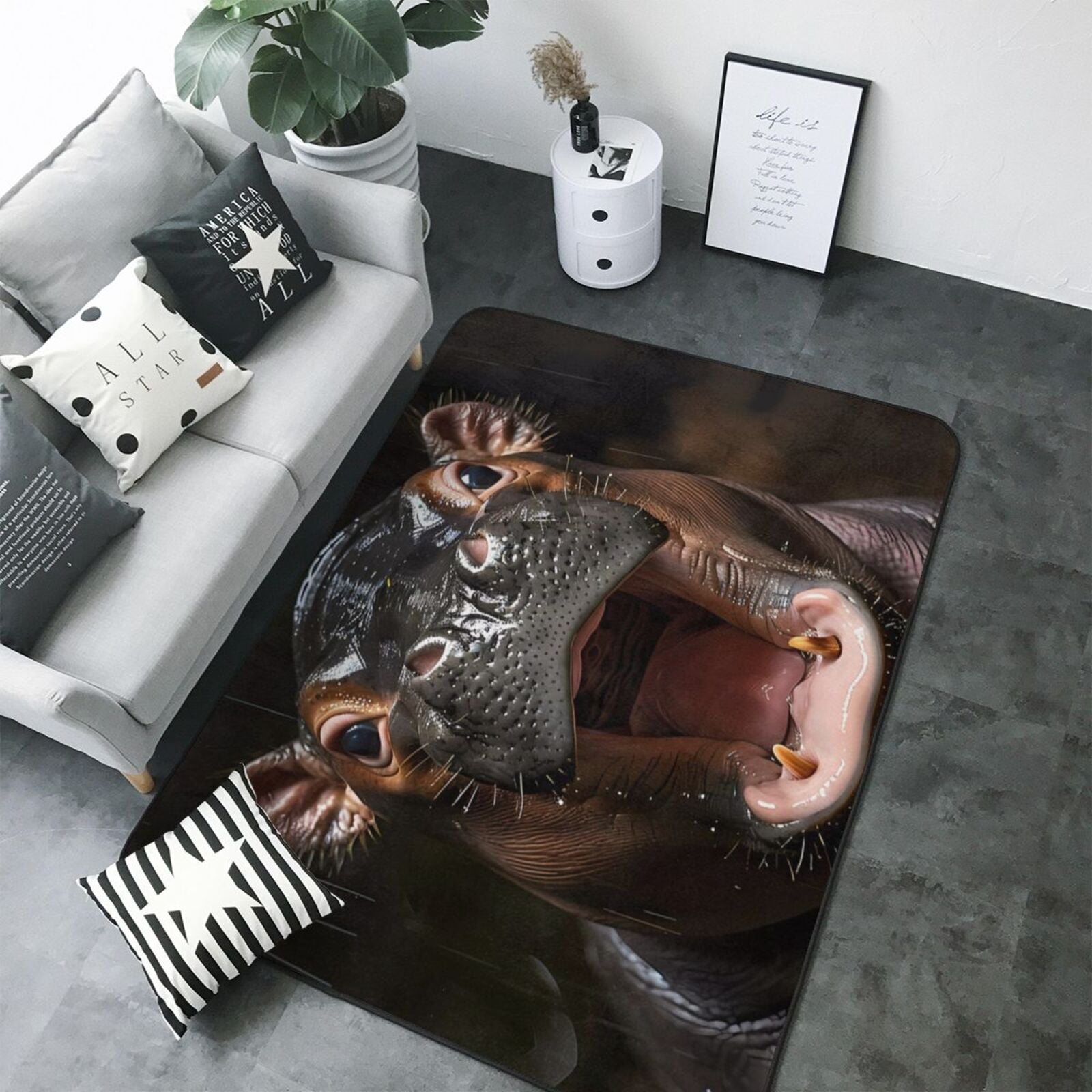 Area Rugs For Living Room Decor - Playful Baby Hippo Splash Anti Slip Throw Washable Rugs 5x7 ...