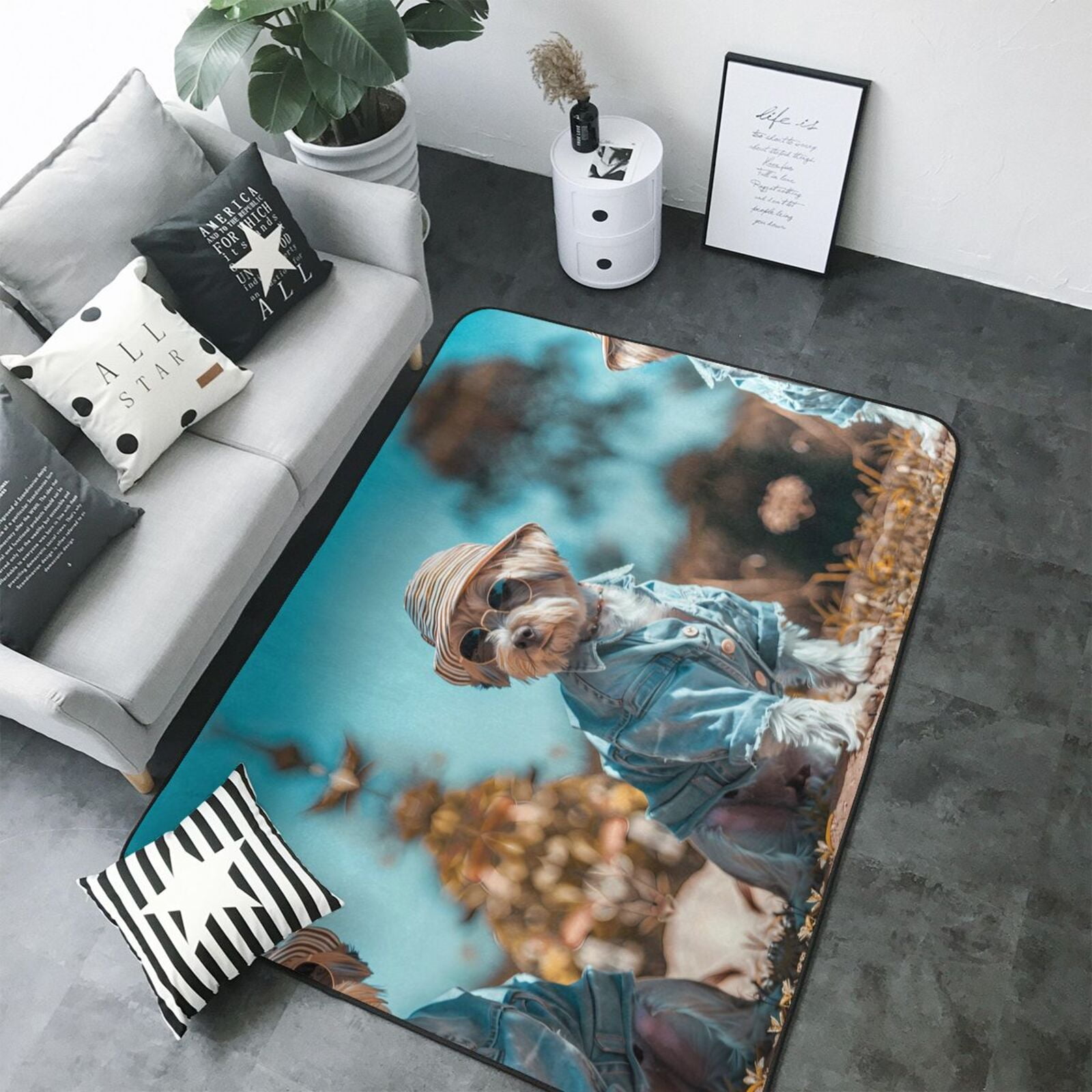 Area Rugs For Living Room Decor - Stylish Dog in Denim Outfit Soft Anti ...