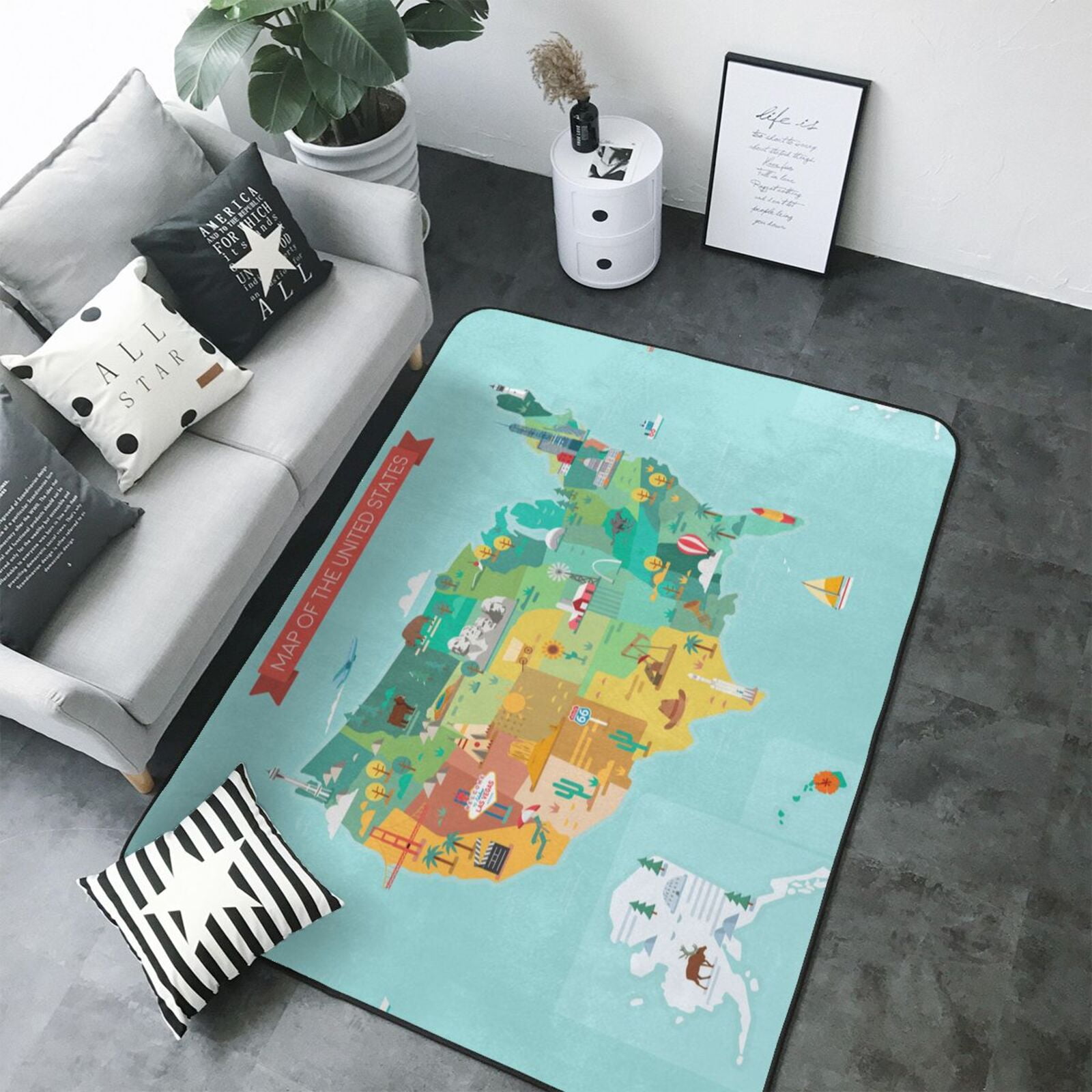 Area Rugs For Living Room Decor - USA Tourist Map Famous Landmarks Soft ...