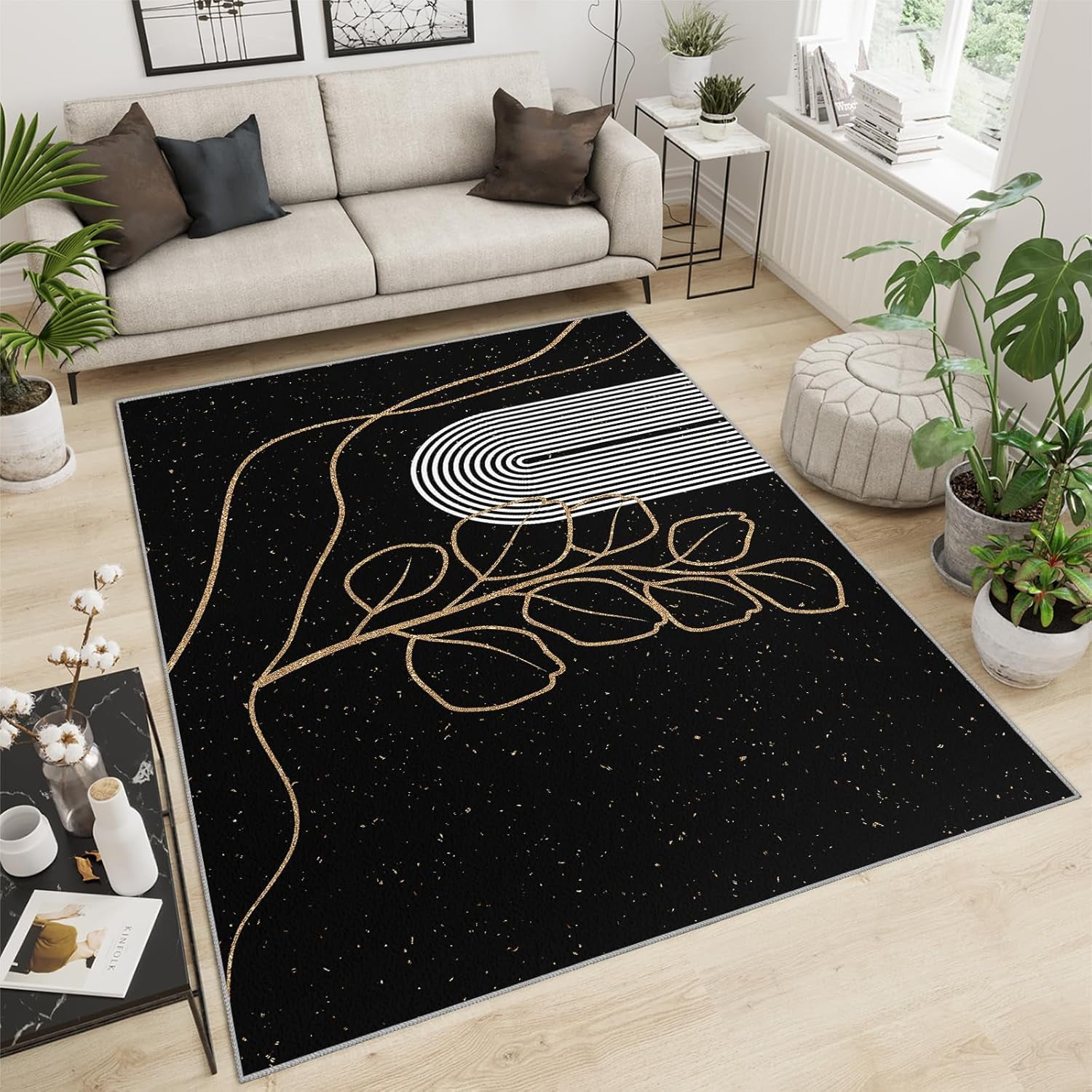 Area Rugs Golden Plant Leaves, Arched Lines Geometry European Medieval ...