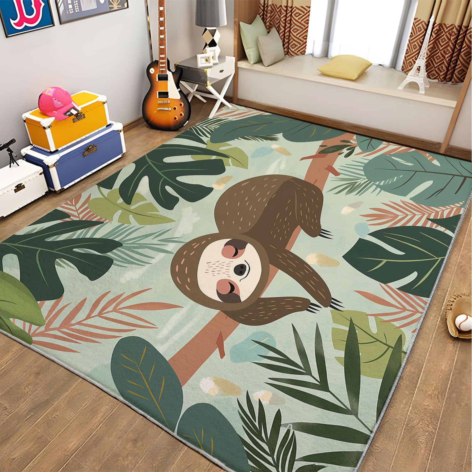 Area Rugs Green Rectangle Carpet, Cartoon Animal Sloth Design Non Slip ...