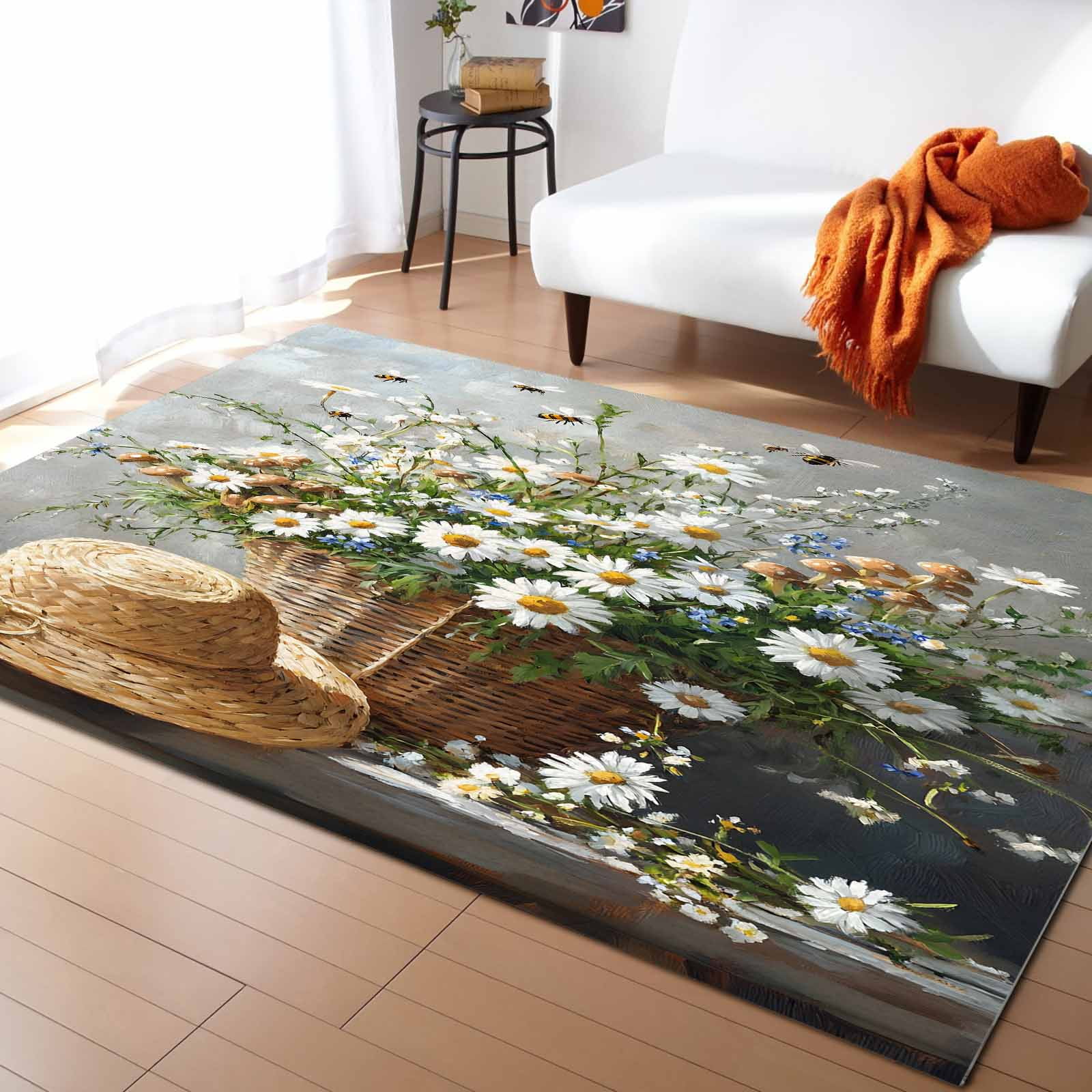 Area Rugs Indoor Non-Slip Rectangle Rug 2.7x5 Ft Country Daisy Floral ...