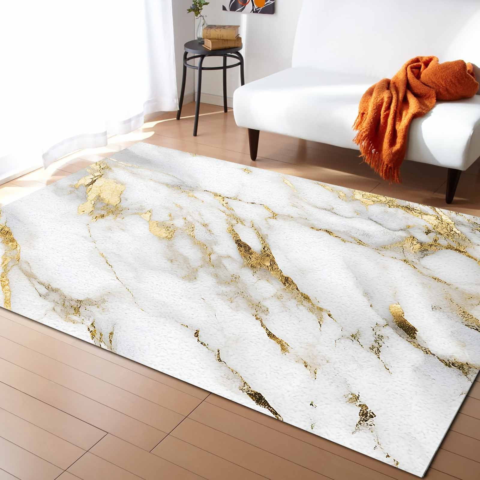 Area Rugs Indoor Non-Slip Rectangle Rug 2.7x5 Ft Gold White Marble ...