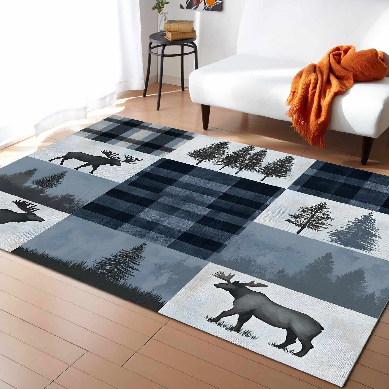 Area Rugs Indoor Non-Slip Rectangle Rug 2.7x5 Ft Modern Buffalo Plaid Blue Black Wildlife Deer ...