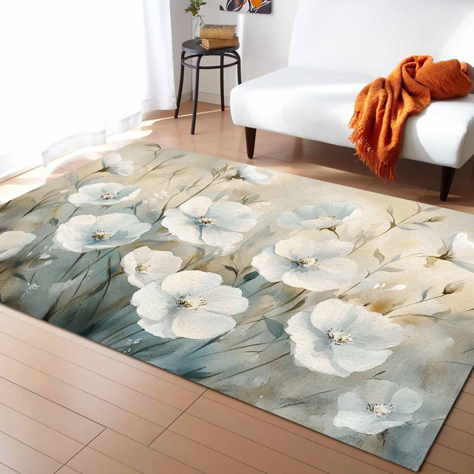 Area Rugs Indoor Non-Slip Rectangle Rug 2.7x5 Ft Vintage Flower White ...