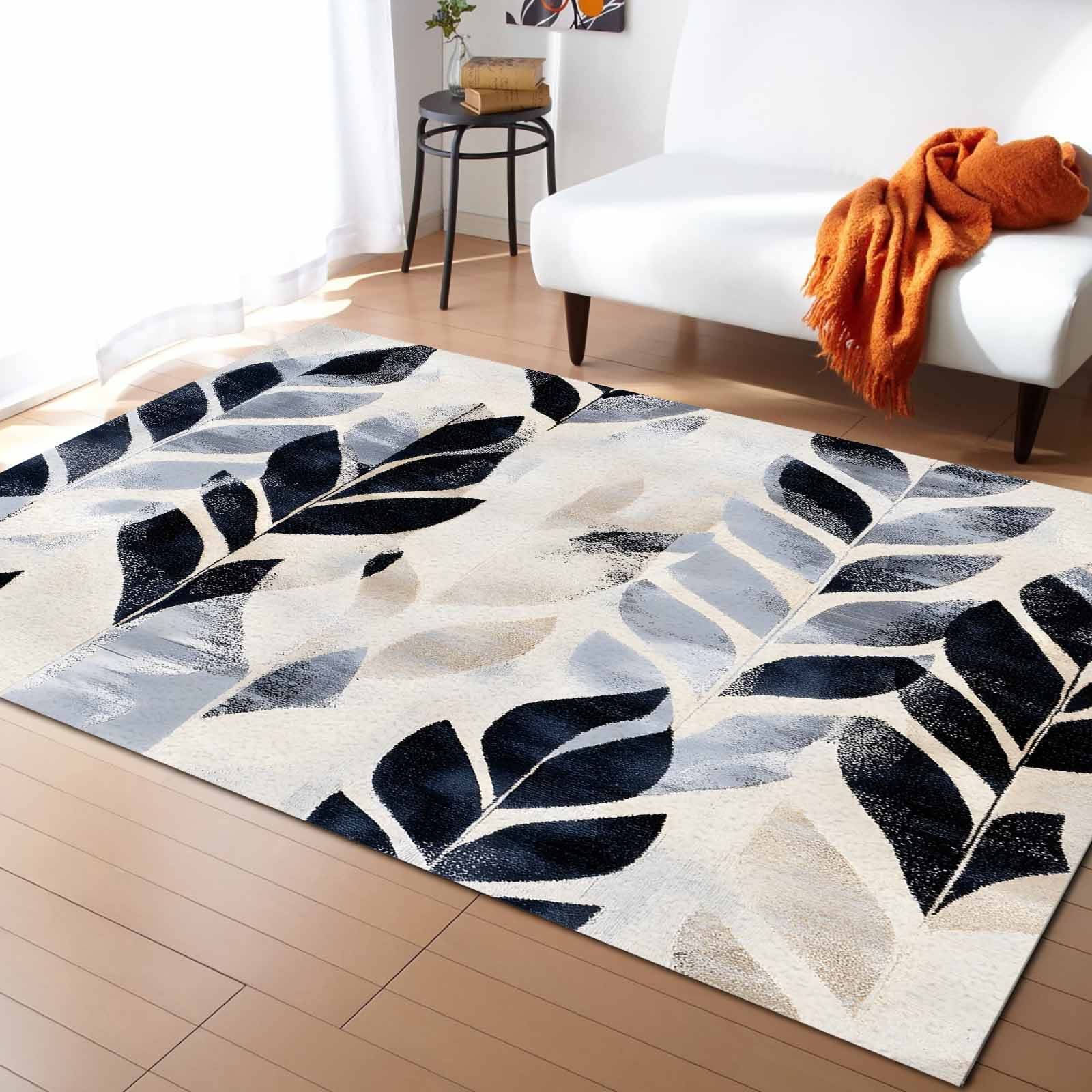 Area Rugs Indoor Non-Slip Rectangle Rug 2x3 Ft Abstract Black Leaf ...