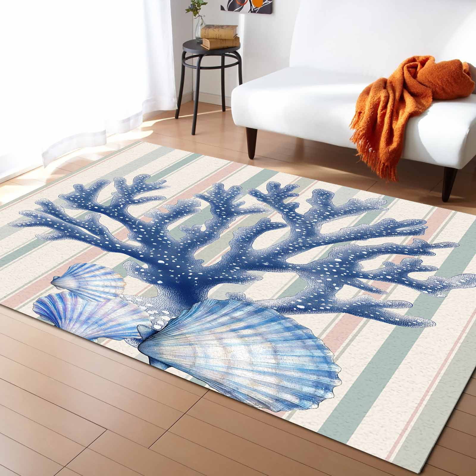 Area Rugs Indoor Non-Slip Rectangle Rug 2x3 Ft Blue Coral Shell Rug ...