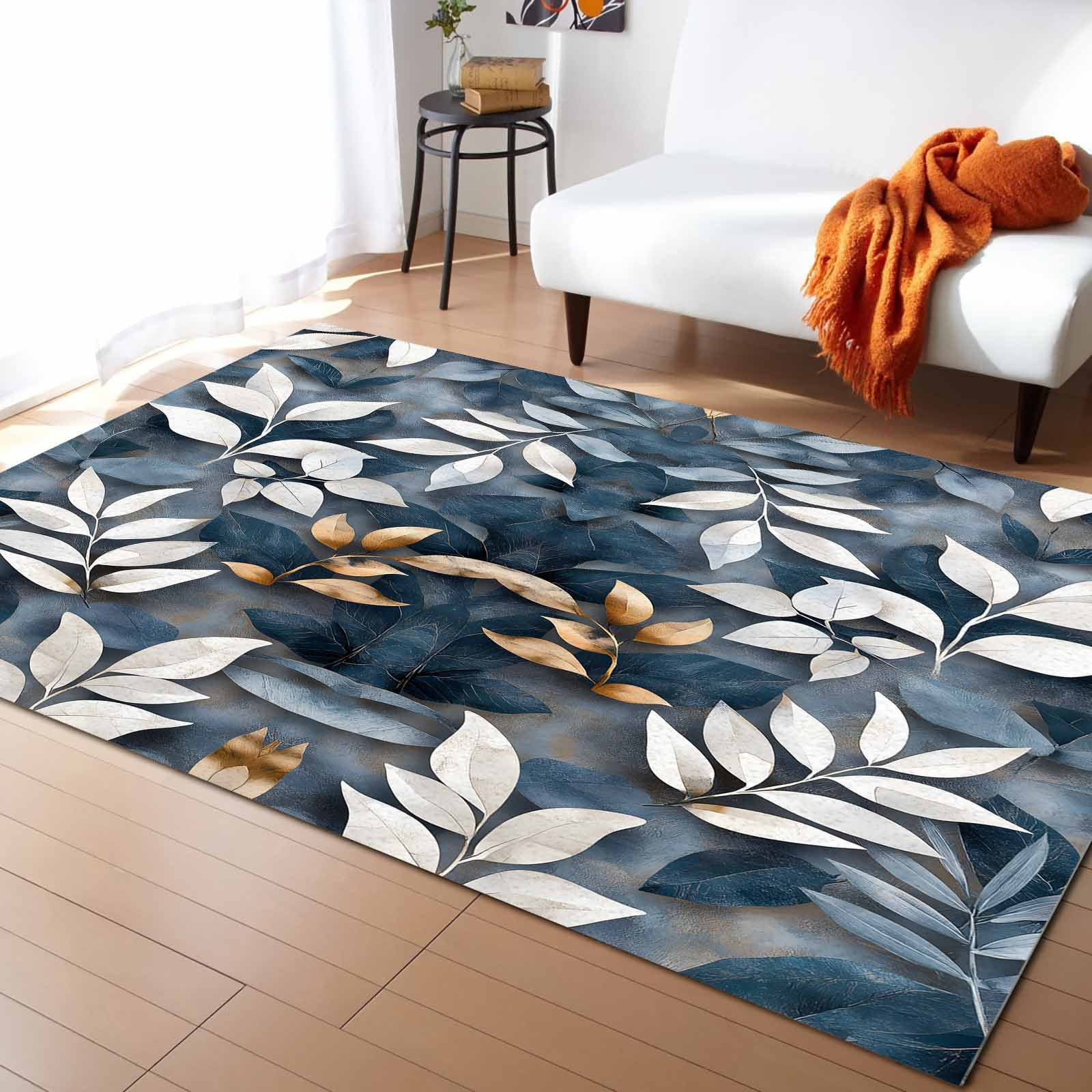 Area Rugs Indoor Non-Slip Rectangle Rug 2x3 Ft Blue Gradient Leaf White Leaves Silhouette Rug ...