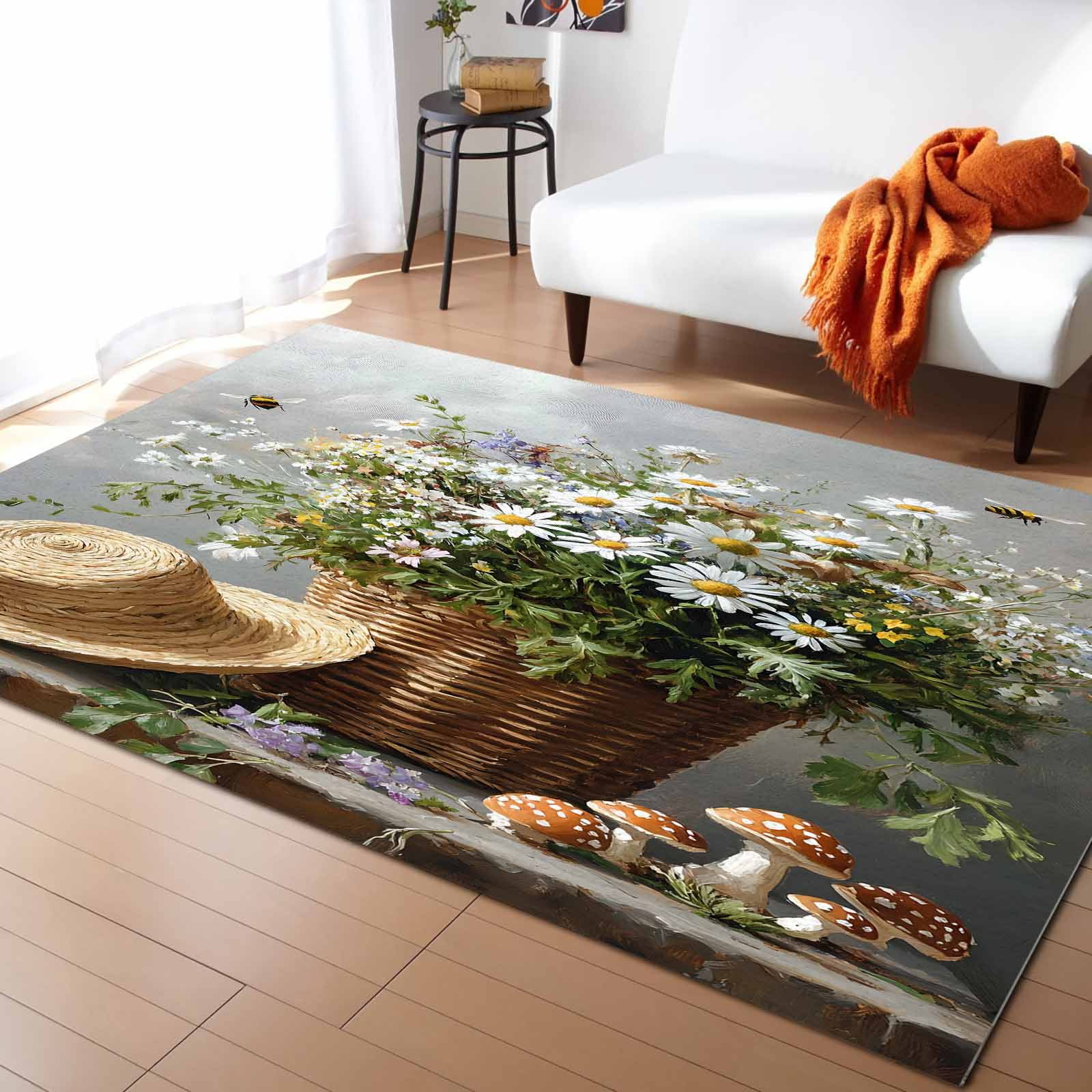Area Rugs Indoor Non-Slip Rectangle Rug 2x3 Ft Country Daisy Flowers Oil Painting Floral Straw ...