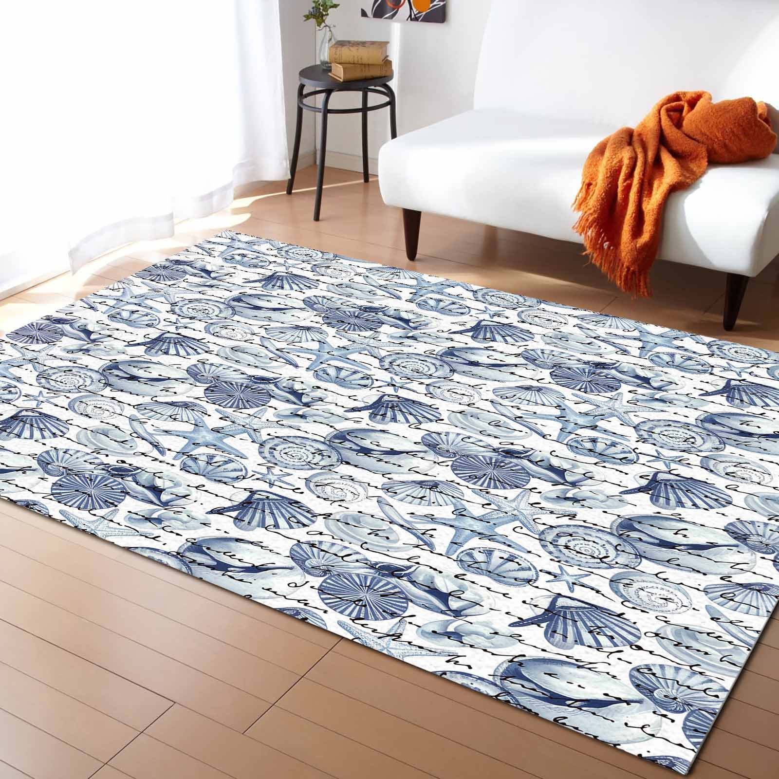 Area Rugs Indoor Non-Slip Rectangle Rug 2x3 Ft Summer Ocean Blue Retro Conch Starfish Shell Rug ...