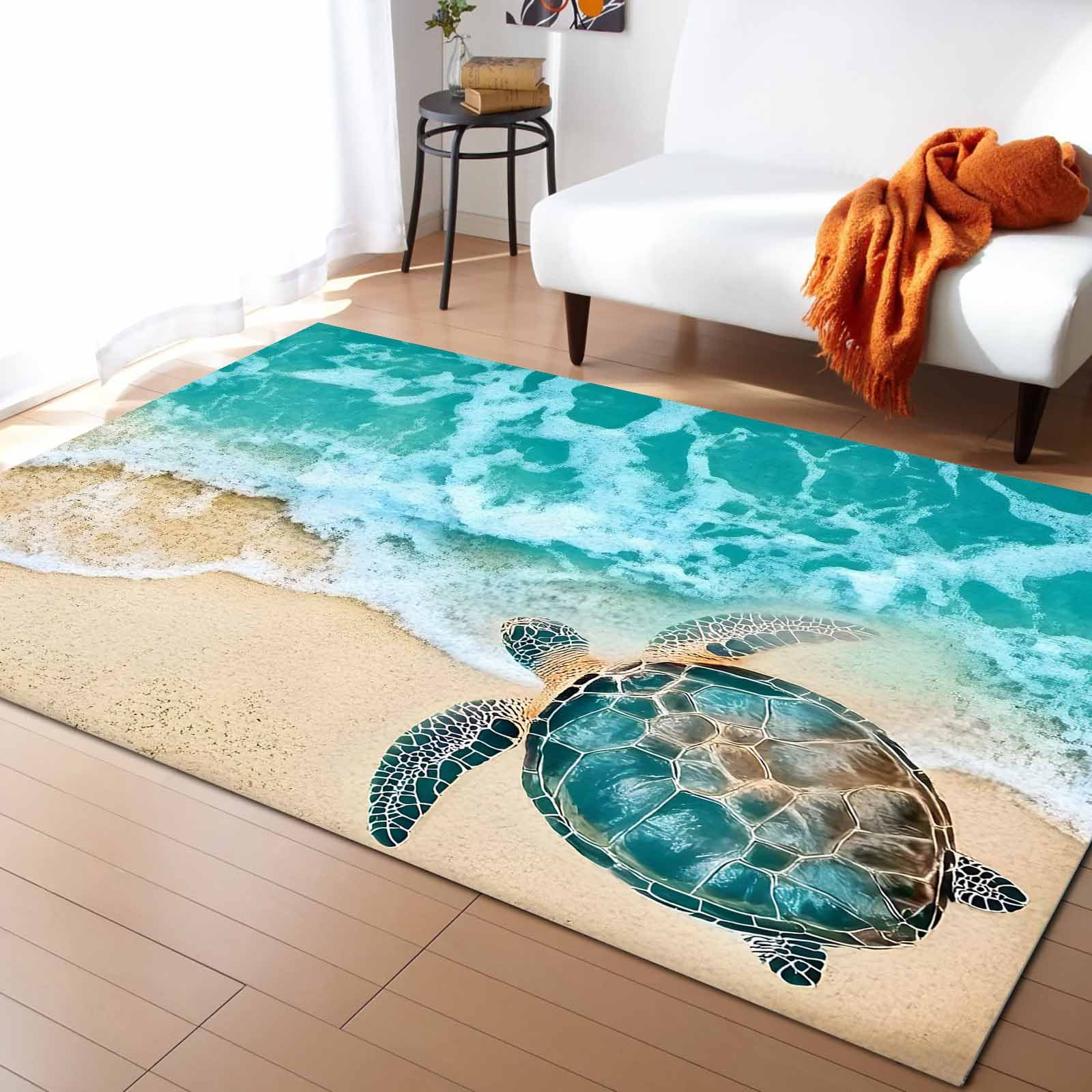 Area Rugs Indoor Non-Slip Rectangle Rug 2x3 Ft Teal Sea Turtle Beach Ocean Wave Summer Coastal ...