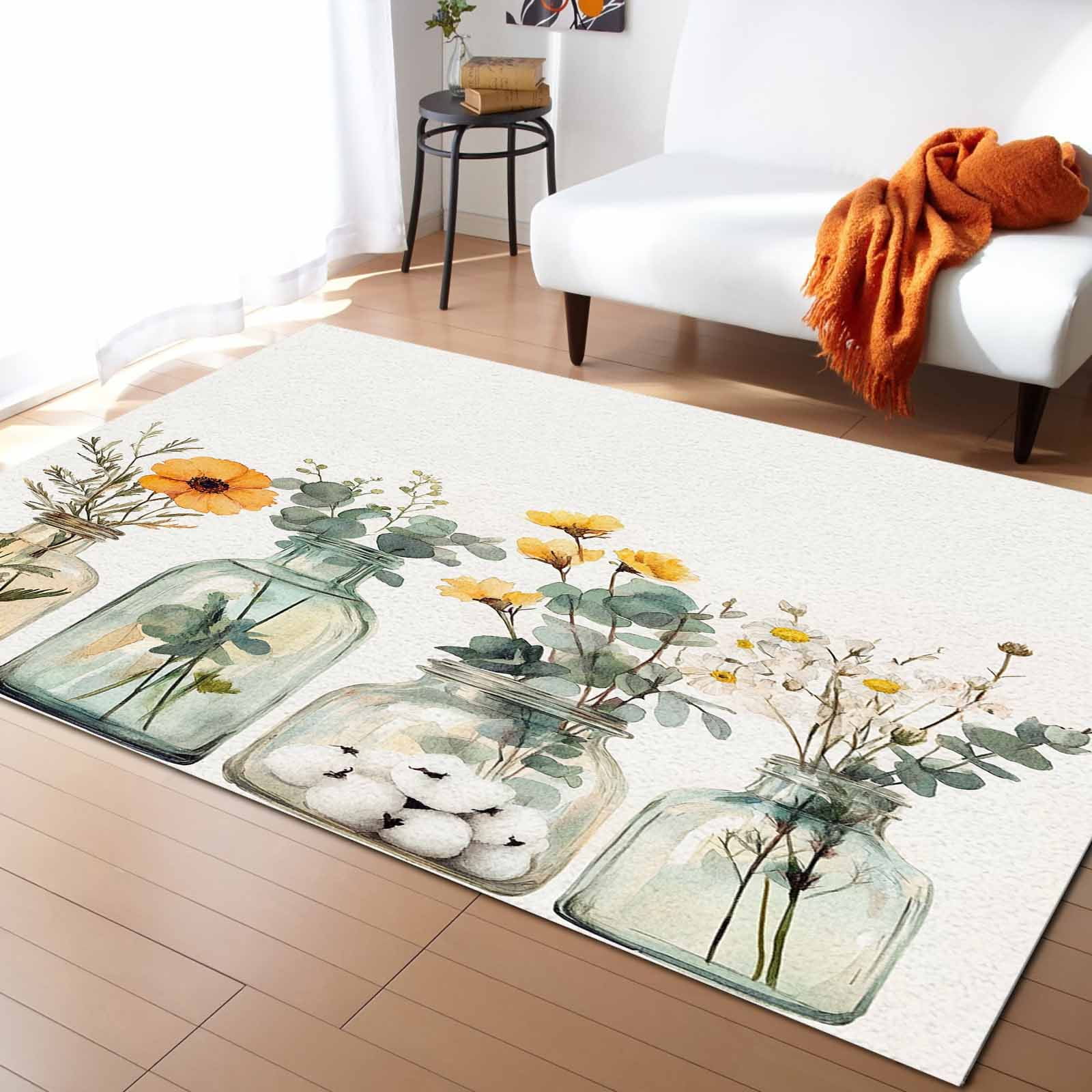 Area Rugs Indoor Non-Slip Rectangle Rug 2x3 Ft Watercolor Flowers Plant ...
