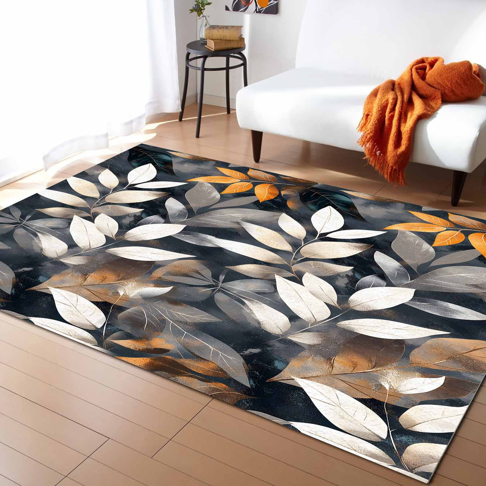 Area Rugs Indoor Non-Slip Rectangle Rug 4x6 Ft Abstract Leaf Silhouette ...