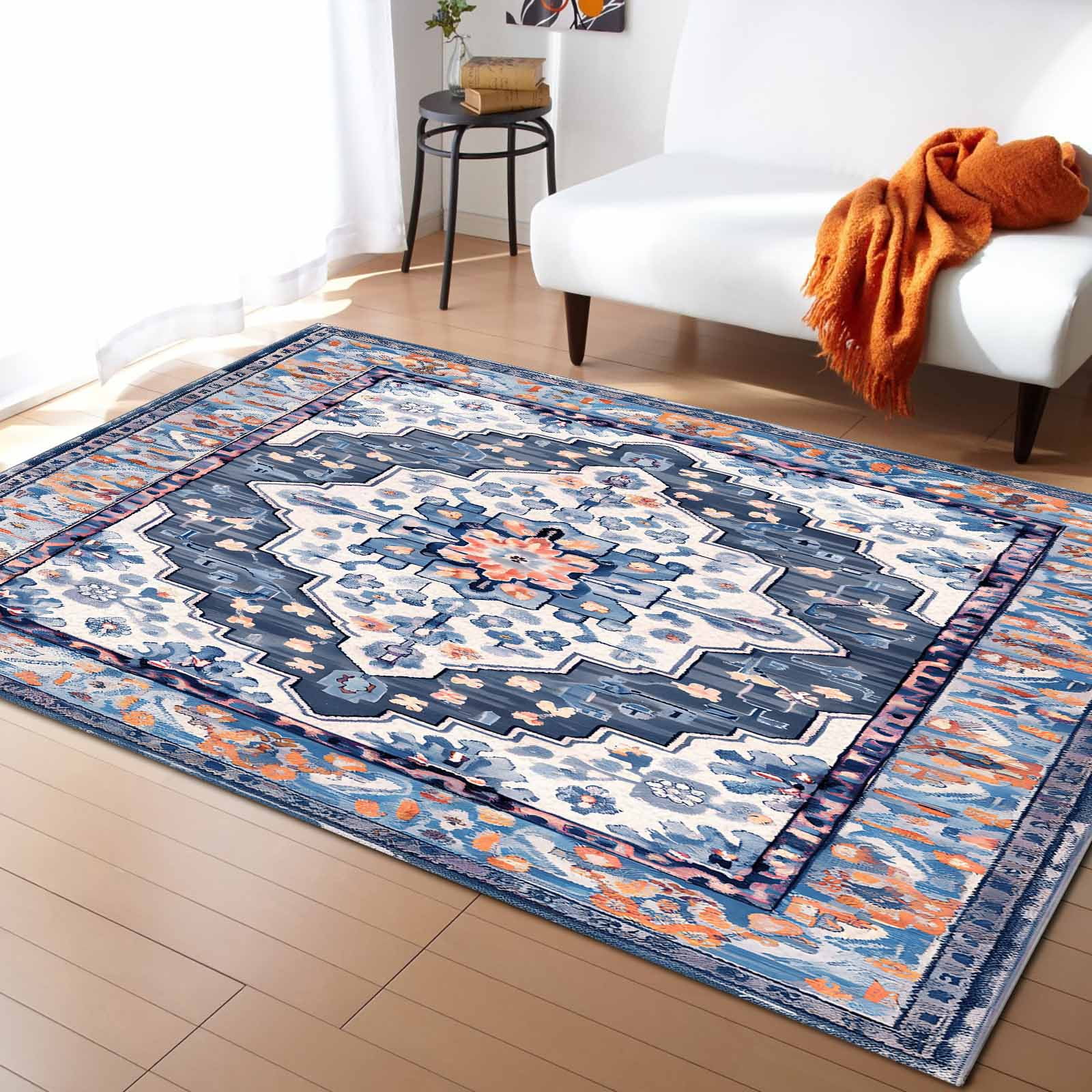 Area Rugs Indoor Non-Slip Rectangle Rug 4x6 Ft Bohemia Blue Turkish ...