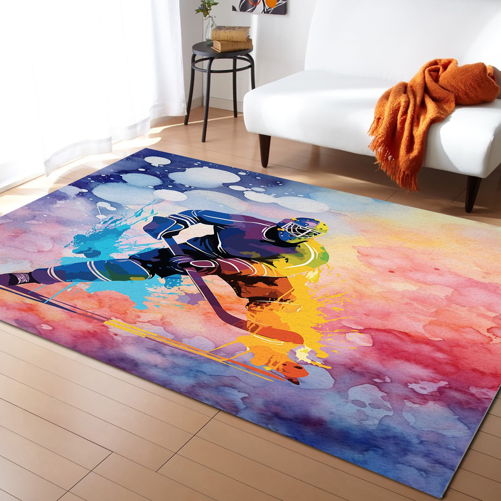 Area Rugs Indoor Non-Slip Rectangle Rug 4x6 Ft Sports Theme Ice Hockey ...