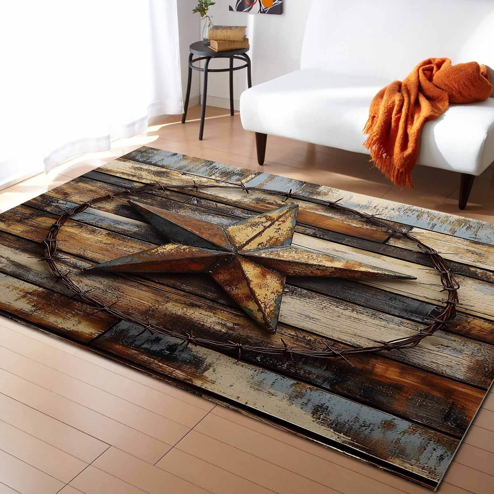 Area Rugs Indoor Non-Slip Rectangle Rug 4x6 Ft Vintage Metal Stars Wood ...
