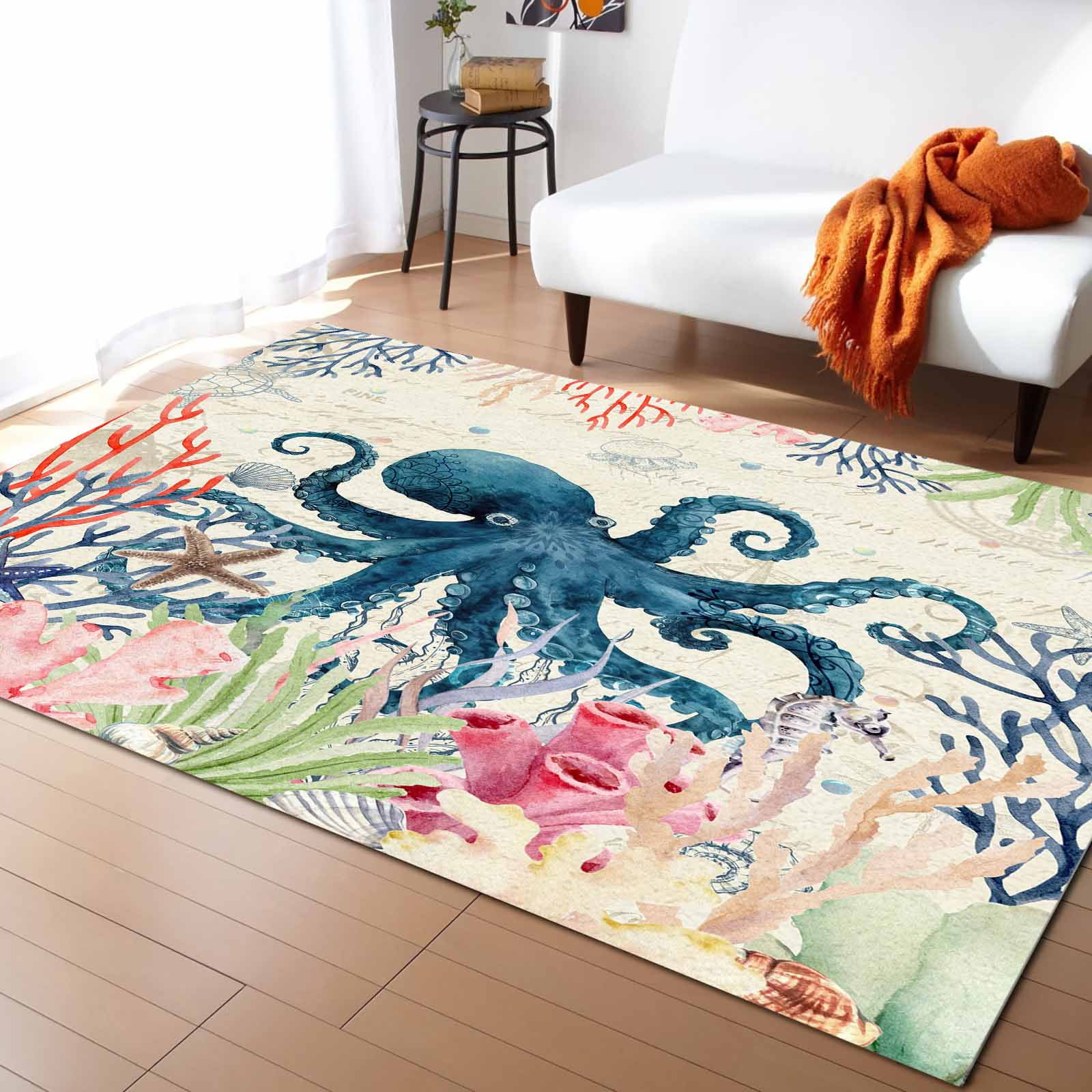 Area Rugs Indoor Non-Slip Rectangle Rug 4x6 Ft Vintage Ocean Octopus ...