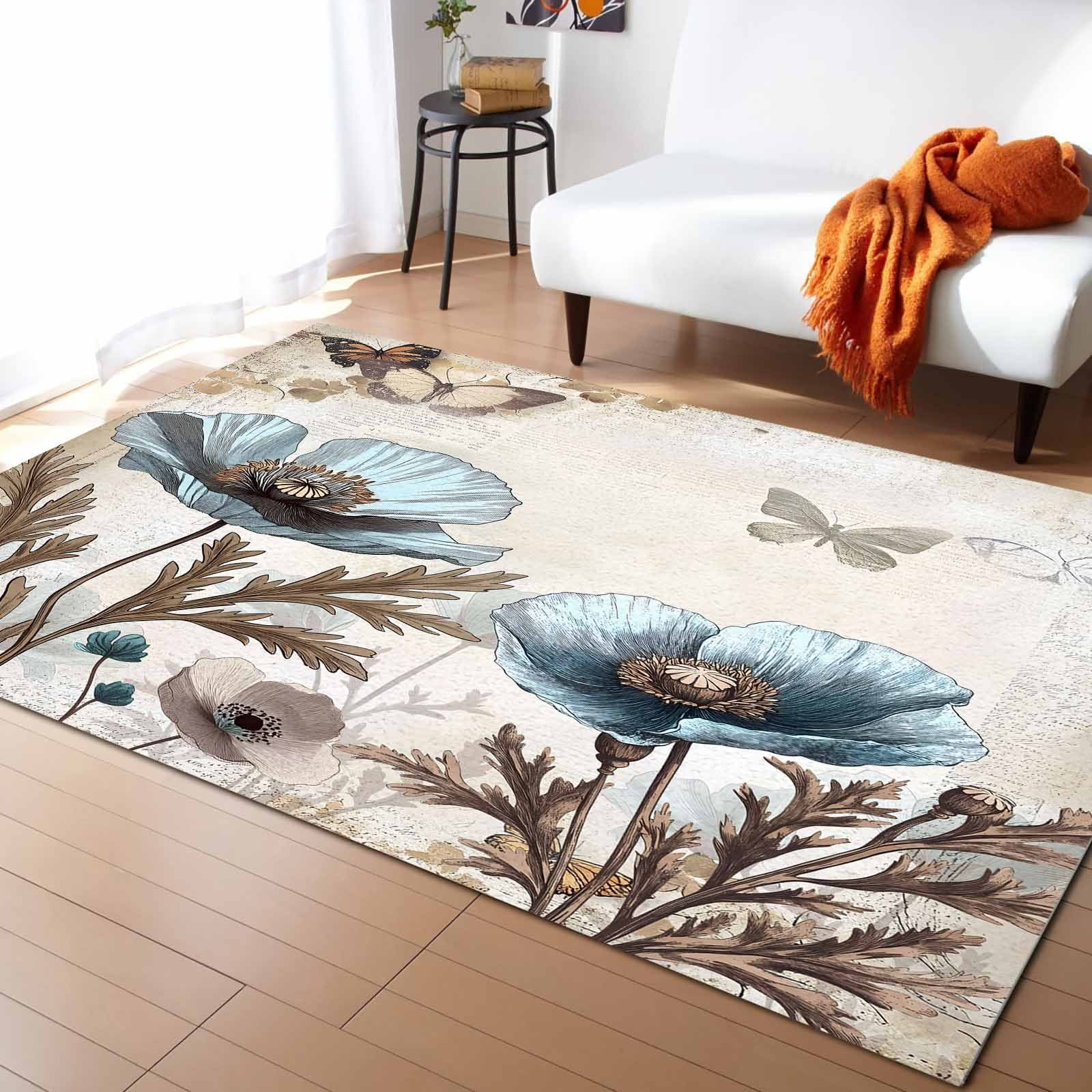 Area Rugs Indoor Non-Slip Rectangle Rug 4x6 Ft Vintage Poppy Butterfly ...