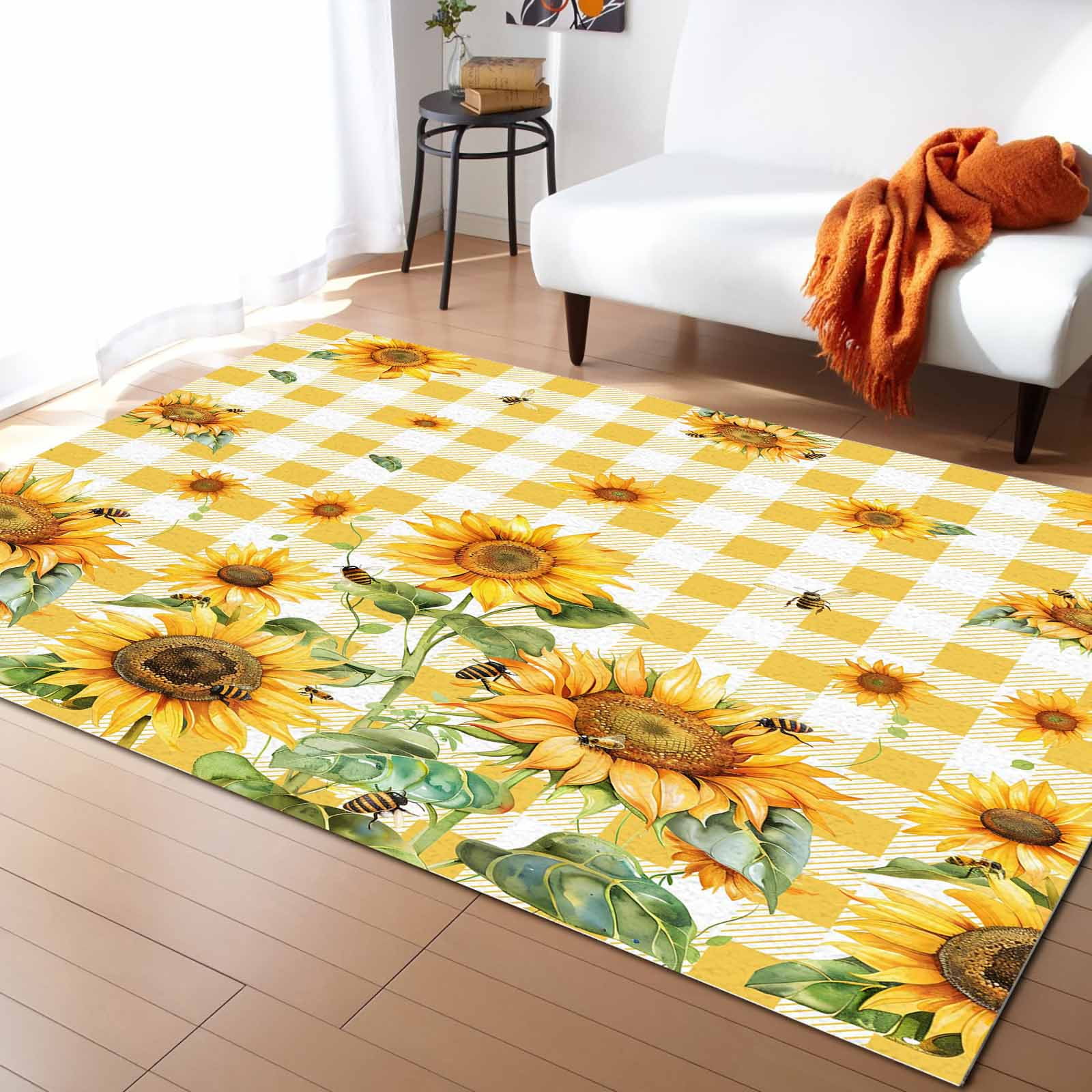 Area Rugs Indoor Non-Slip Rectangle Rug 4x6 Ft Vintage Sunflowers Bee ...