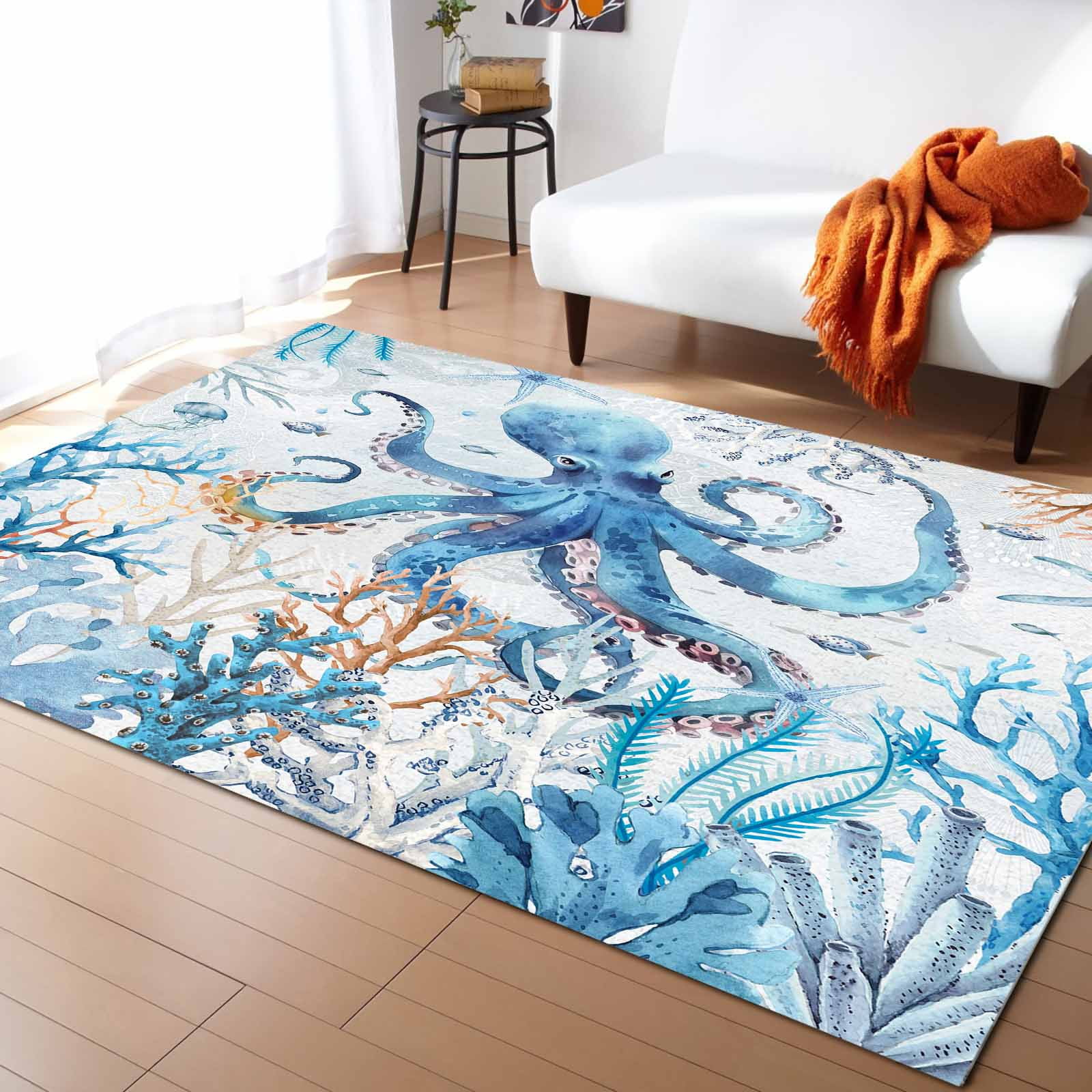 Area Rugs Indoor Non-Slip Rectangle Rug 5x7 Ft Blue Ocean Octopus ...