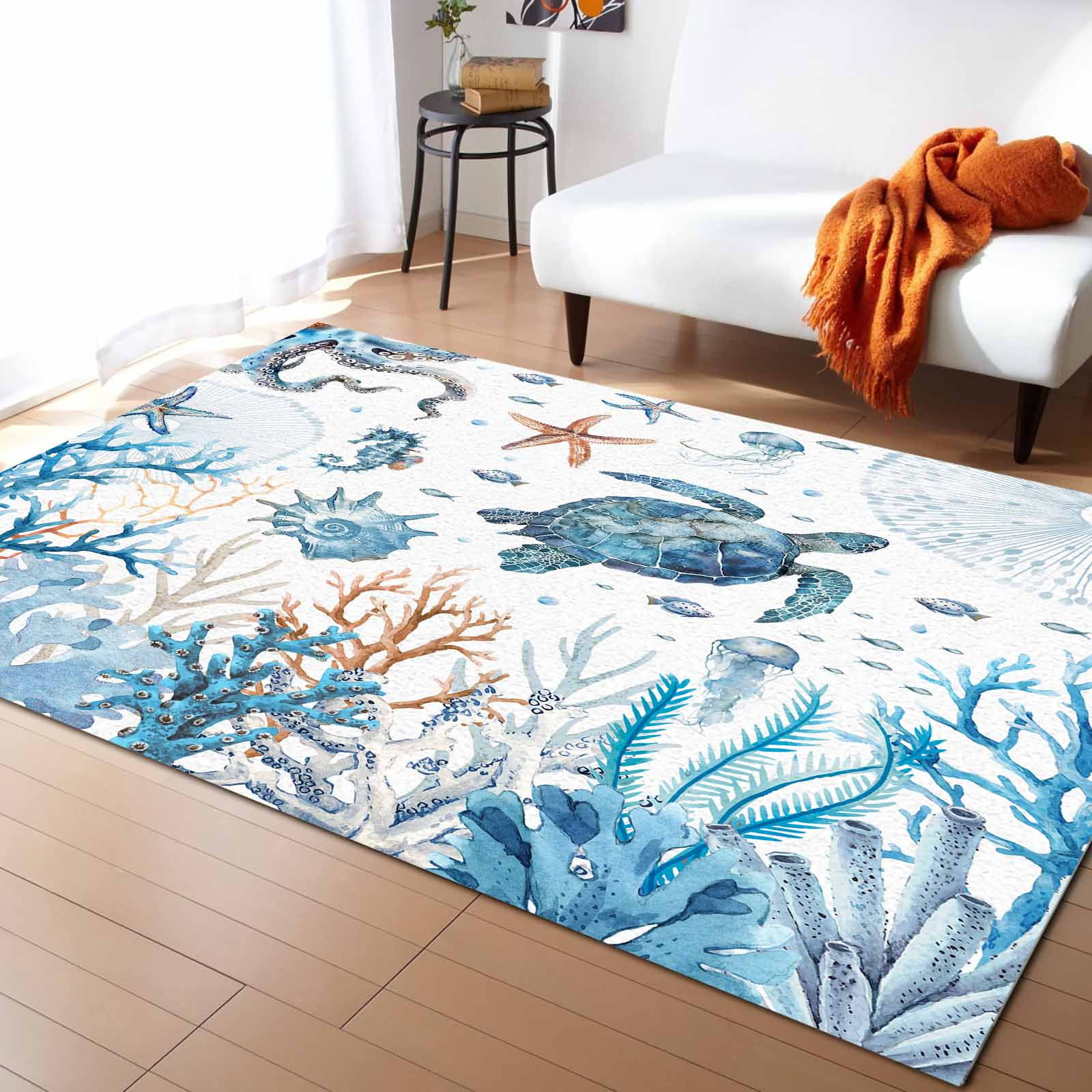 Area Rugs Indoor Non-Slip Rectangle Rug 5x7 Ft Blue Ocean Octopus ...