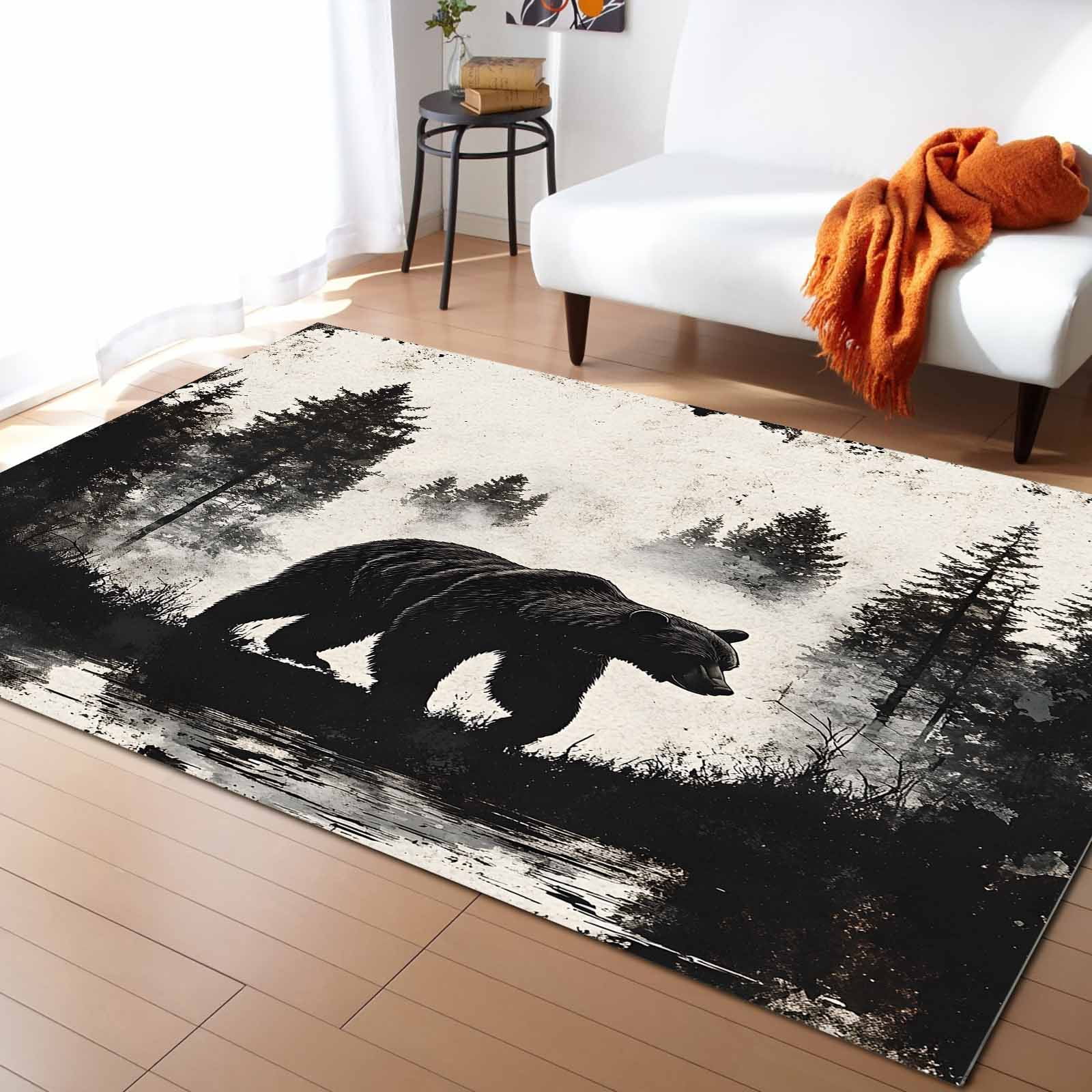 Area Rugs Indoor Non-Slip Rectangle Rug 5x7 Ft Brown Bear Forest ...