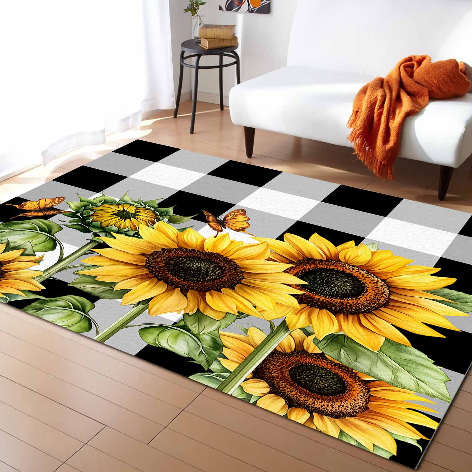 Area Rugs Indoor Non-Slip Rectangle Rug 5x7 Ft Butterfly Sunflower ...