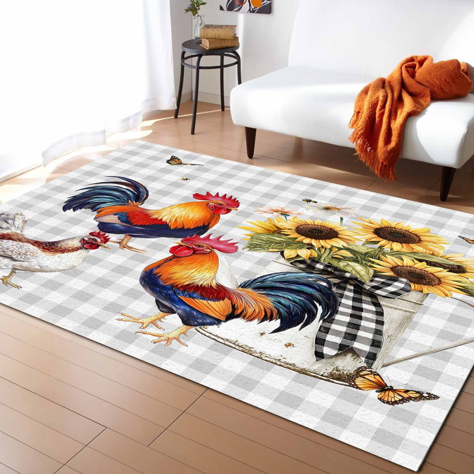 Area Rugs Indoor Non-Slip Rectangle Rug 5x7 Ft Chicken Sunflower ...