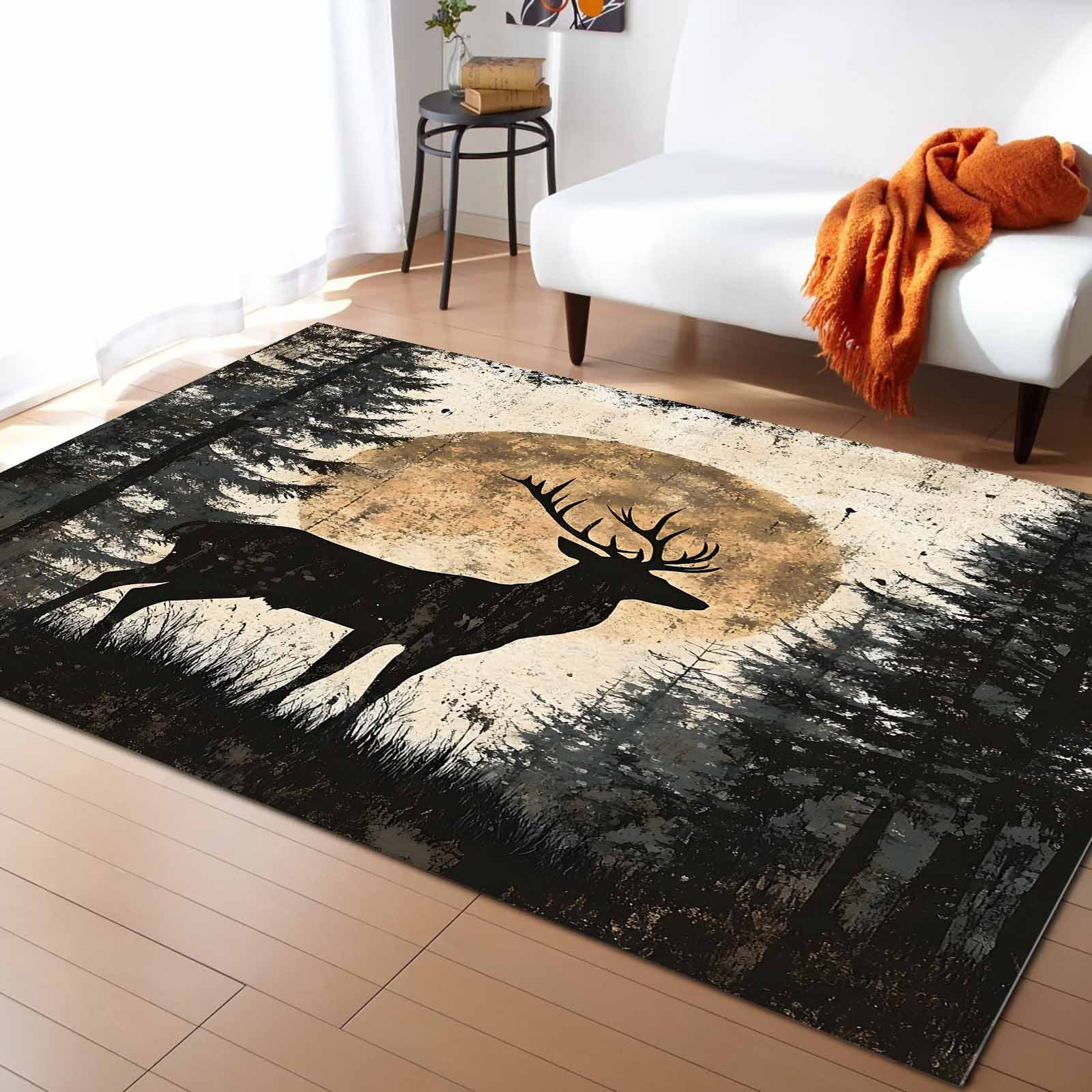 Area Rugs Indoor Non-Slip Rectangle Rug 5x7 Ft Deer Elk Silhouette ...