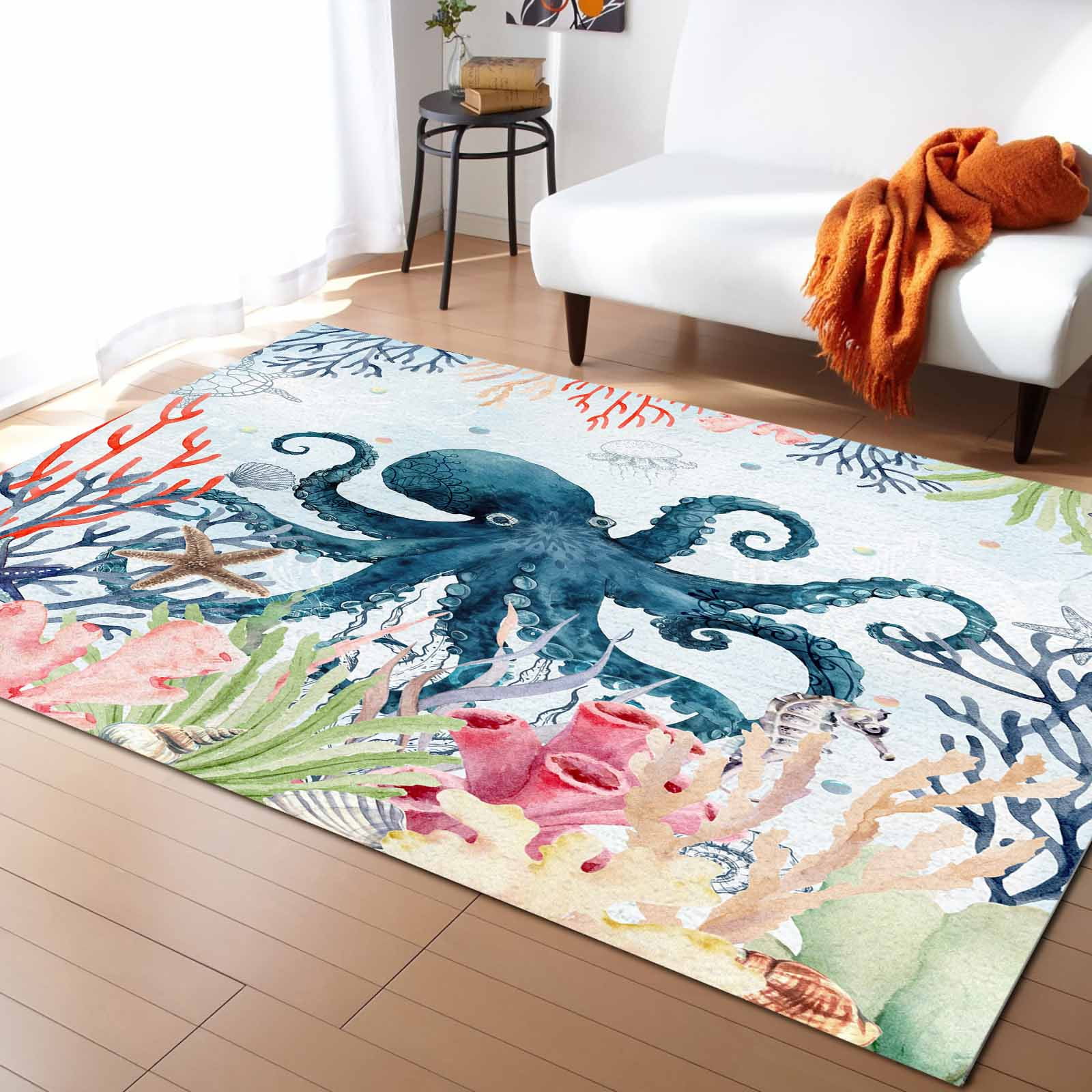 Area Rugs Indoor Non-Slip Rectangle Rug 5x7 Ft Ocean Octopus Starfish ...