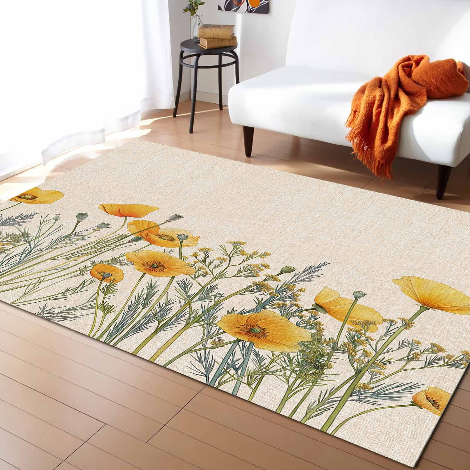 Area Rugs Indoor Non-Slip Rectangle Rug 5x7 Ft Yellow Poppy Flowers ...