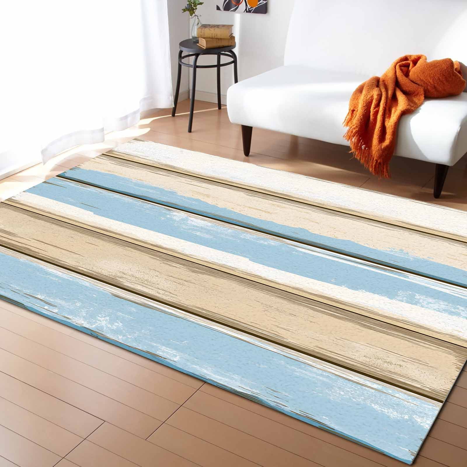 Area Rugs Indoor Non-Slip Rectangle Rug 5x8 Ft Beige Blue Wood Grain ...