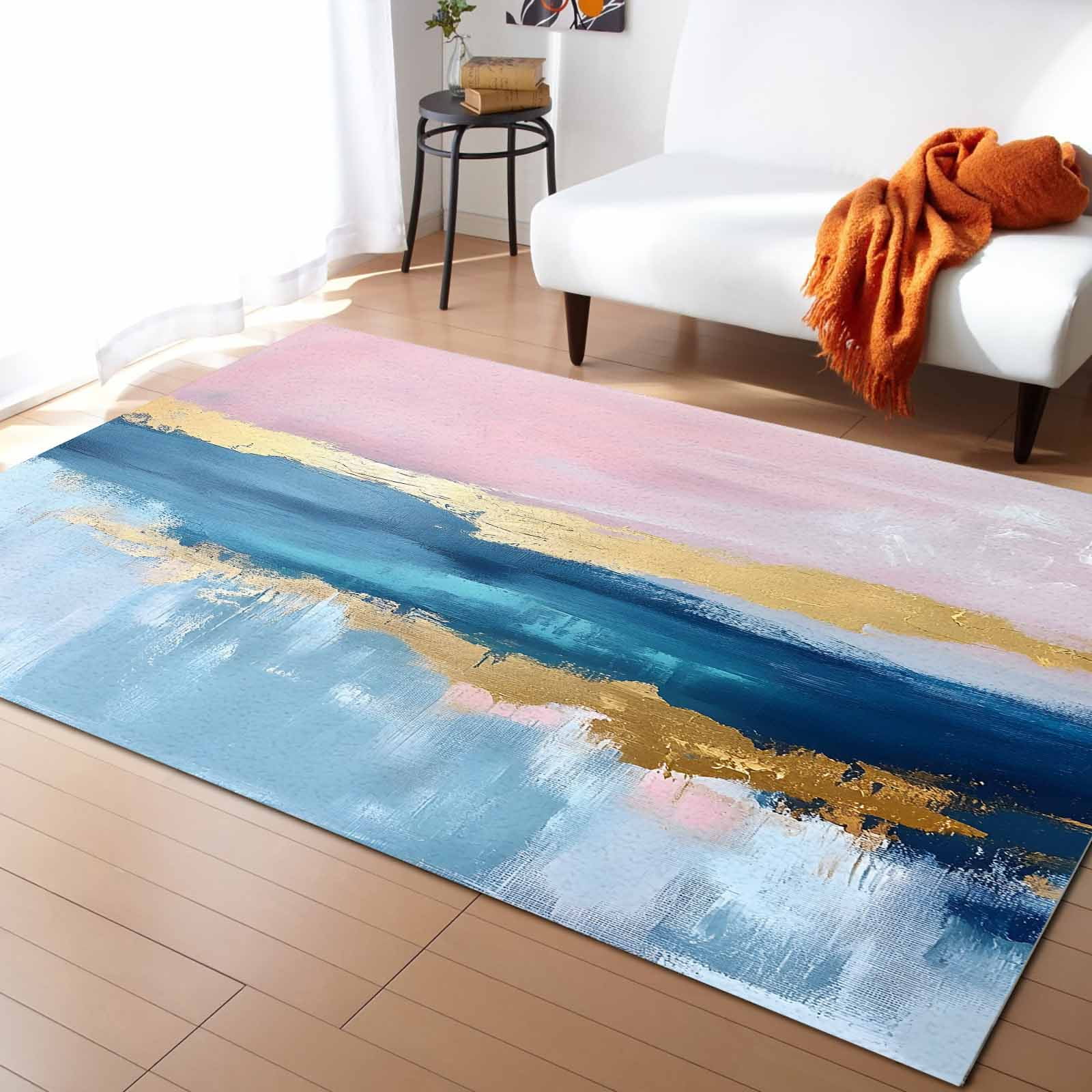 Area Rugs Indoor Non-Slip Rectangle Rug 5x8 Ft Blue Gold Abstract Oil ...