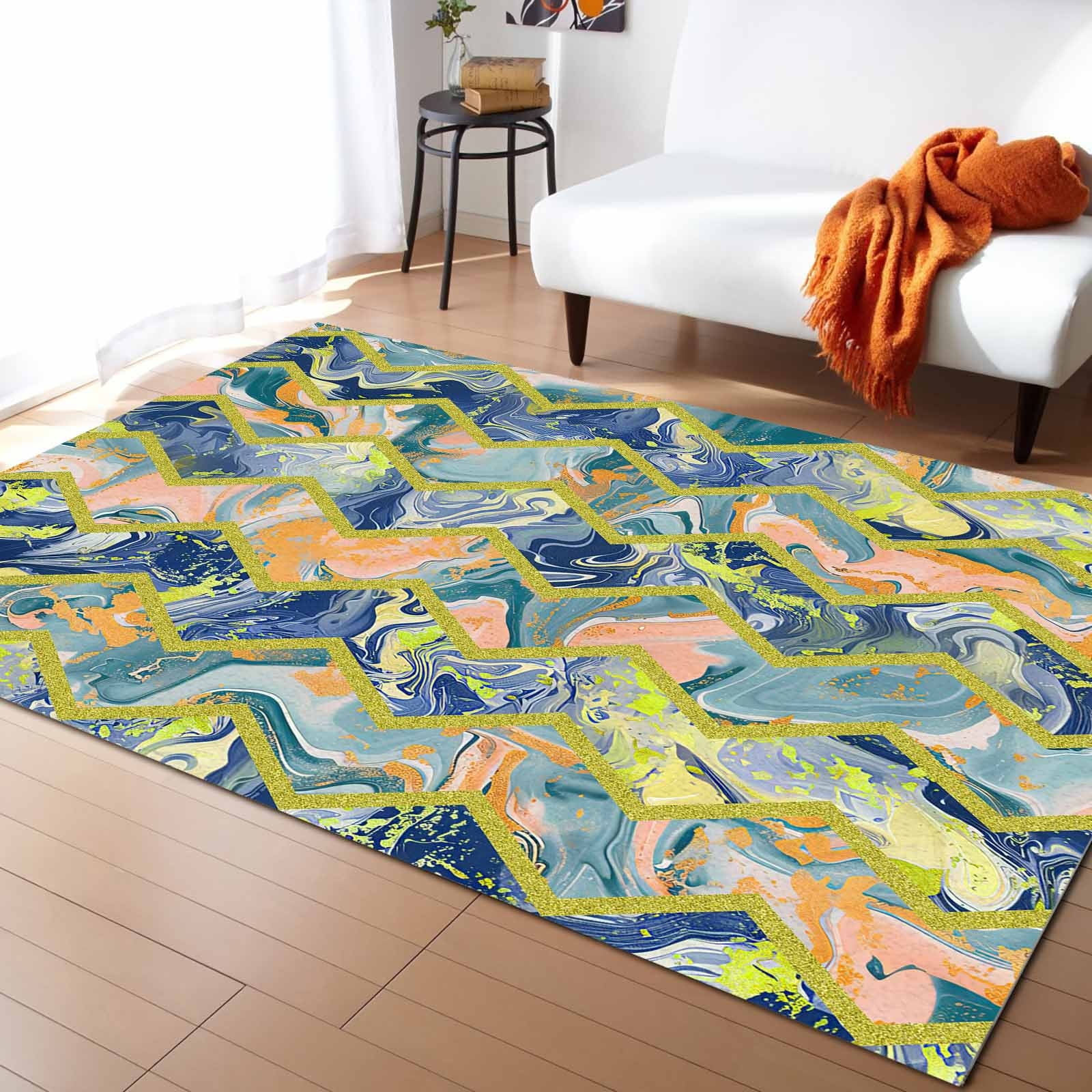 Area Rugs Indoor Non-Slip Rectangle Rug 5x8 Ft Navy Blue Marble ...