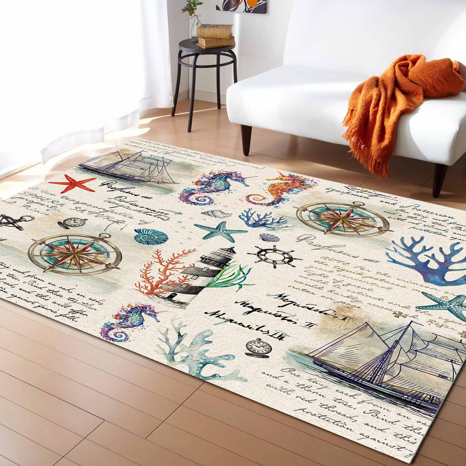 Area Rugs Indoor Non-Slip Rectangle Rug 5x8 Ft Retro Ocean Coral ...