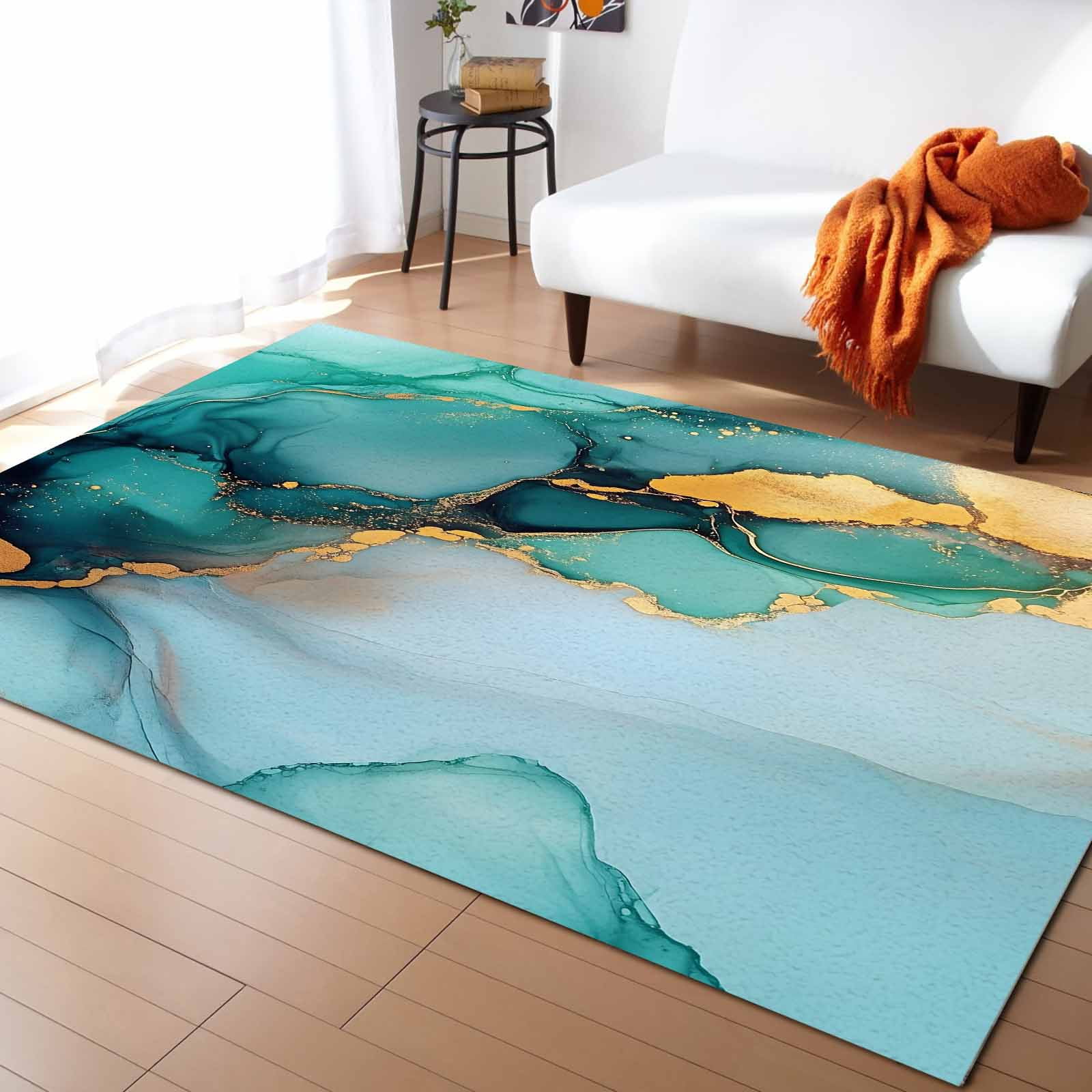 Area Rugs Indoor Non-Slip Rectangle Rug 5x8 Ft Turquoise Gold Marble ...