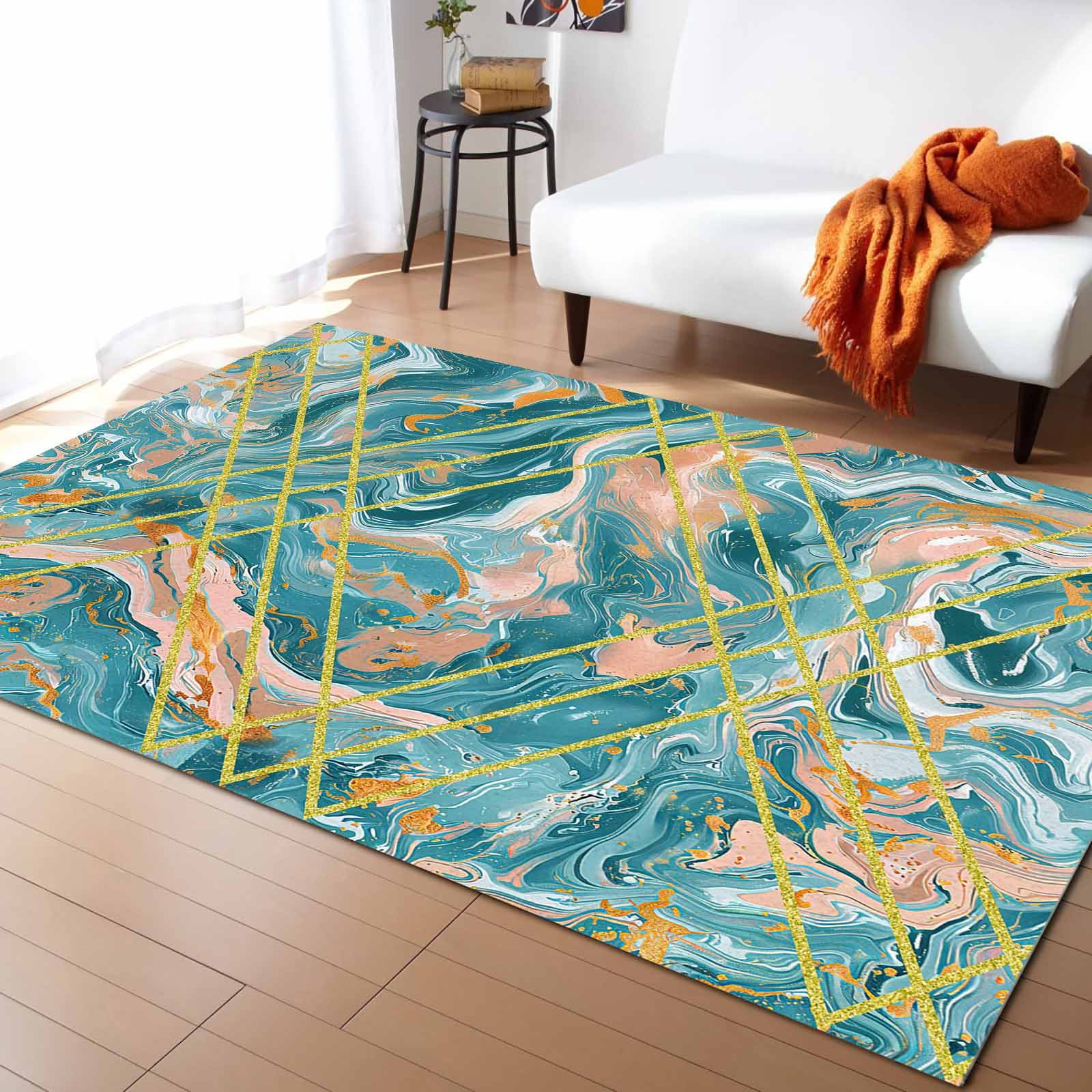 Area Rugs Indoor Non-Slip Rectangle Rug 5x8 Ft Turquoise Marble ...