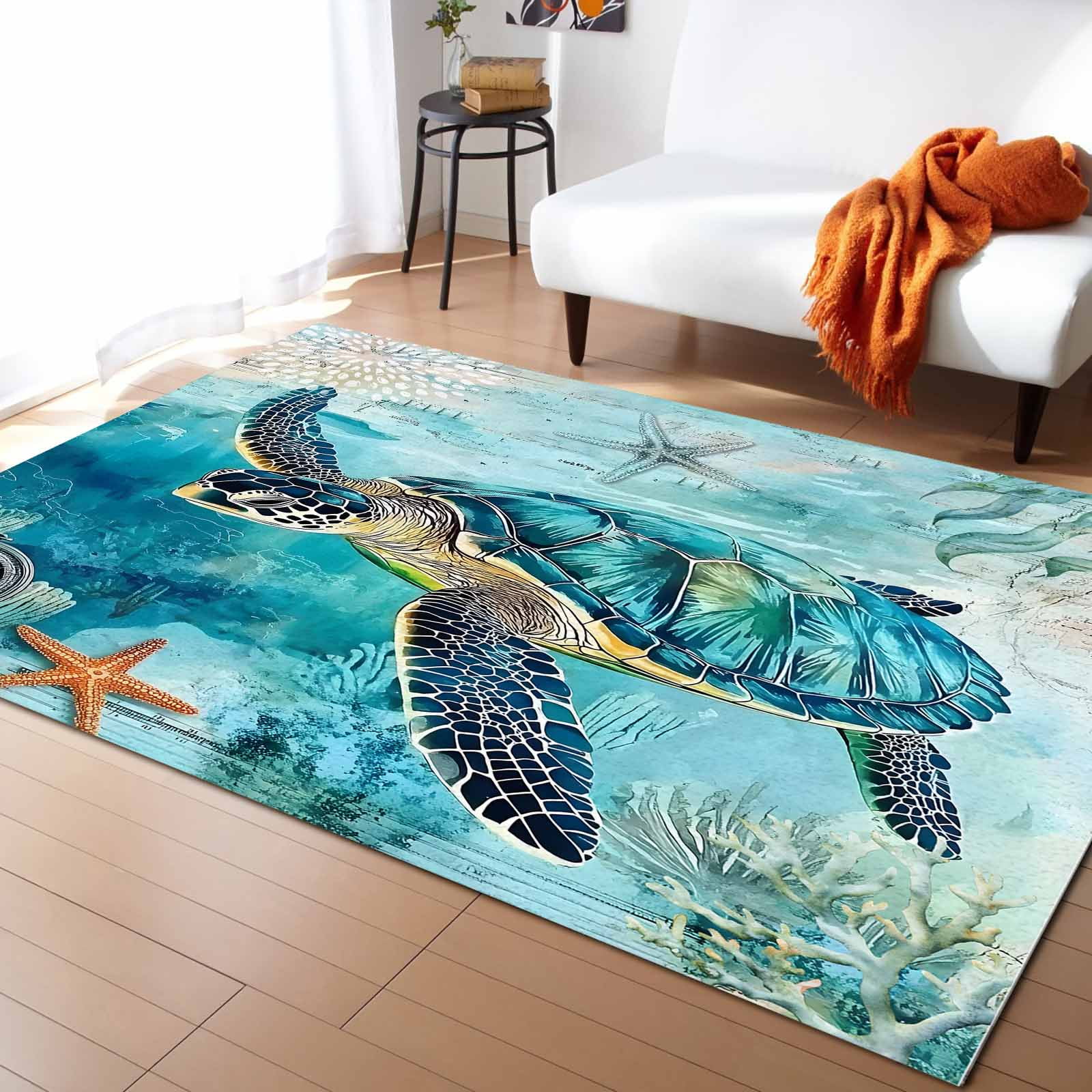Area Rugs Indoor Non-Slip Rectangle Rug 5x8 Ft Vintage Teal Sea Turtle ...