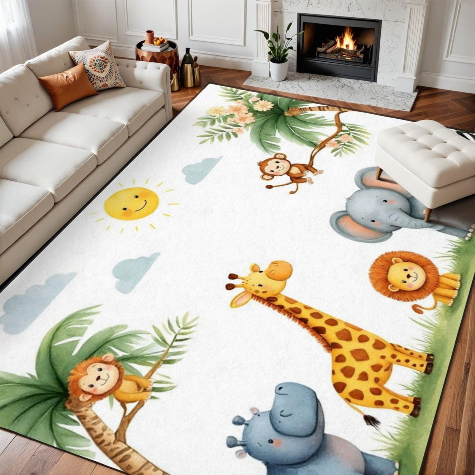 Area Rugs For Kids Boho Washable Classroom Rug Watercolor Animal Jungle Tiger Elephant Zebra ...