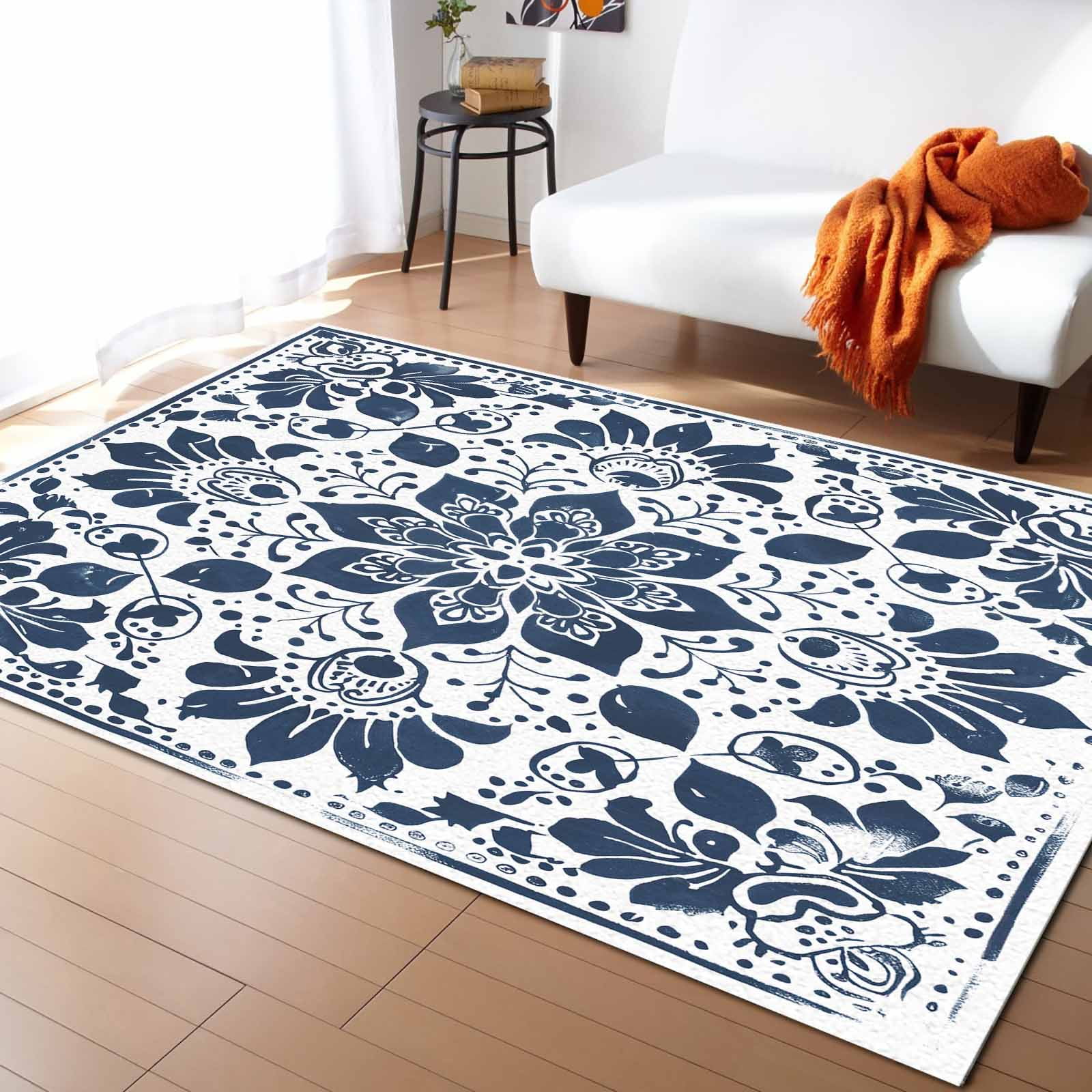 Area Rugs for Living Room, 2'x3' Small Washable Rug Blue Floral Pattern ...