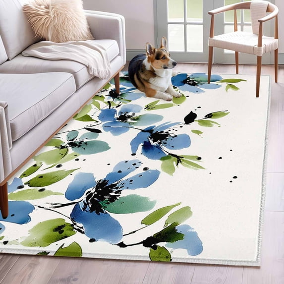 Area Rugs for Living Room 4x6 Ft, Blue Green Spring Floral Non Slip ...