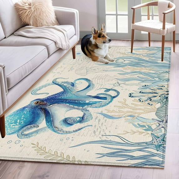 Area Rugs for Living Room 4x6 Ft, Blue Octopus Coastal Non Slip Area ...